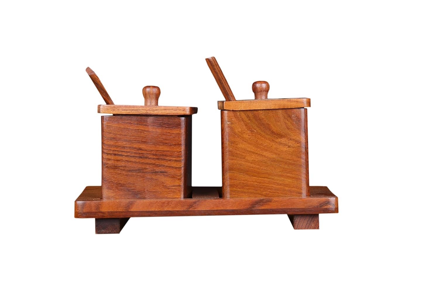 wooden spice box Double Dipper Two Salt Boxes With Spoon And Tray on ...