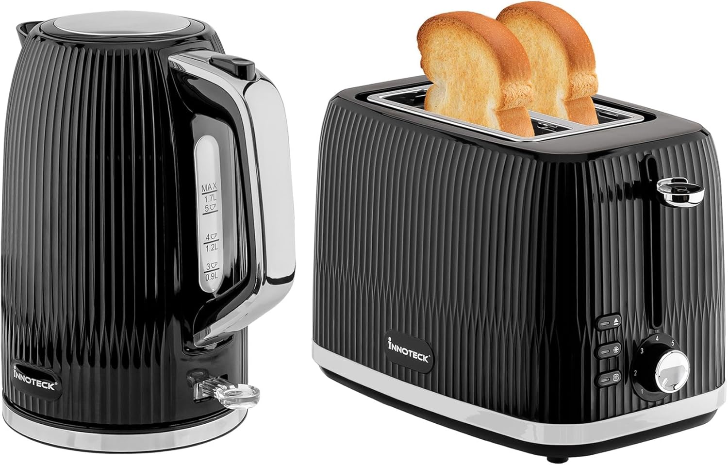 Innoteck 1.7L Electric Kettle & Toaster Set - Black Ridged Textured ...