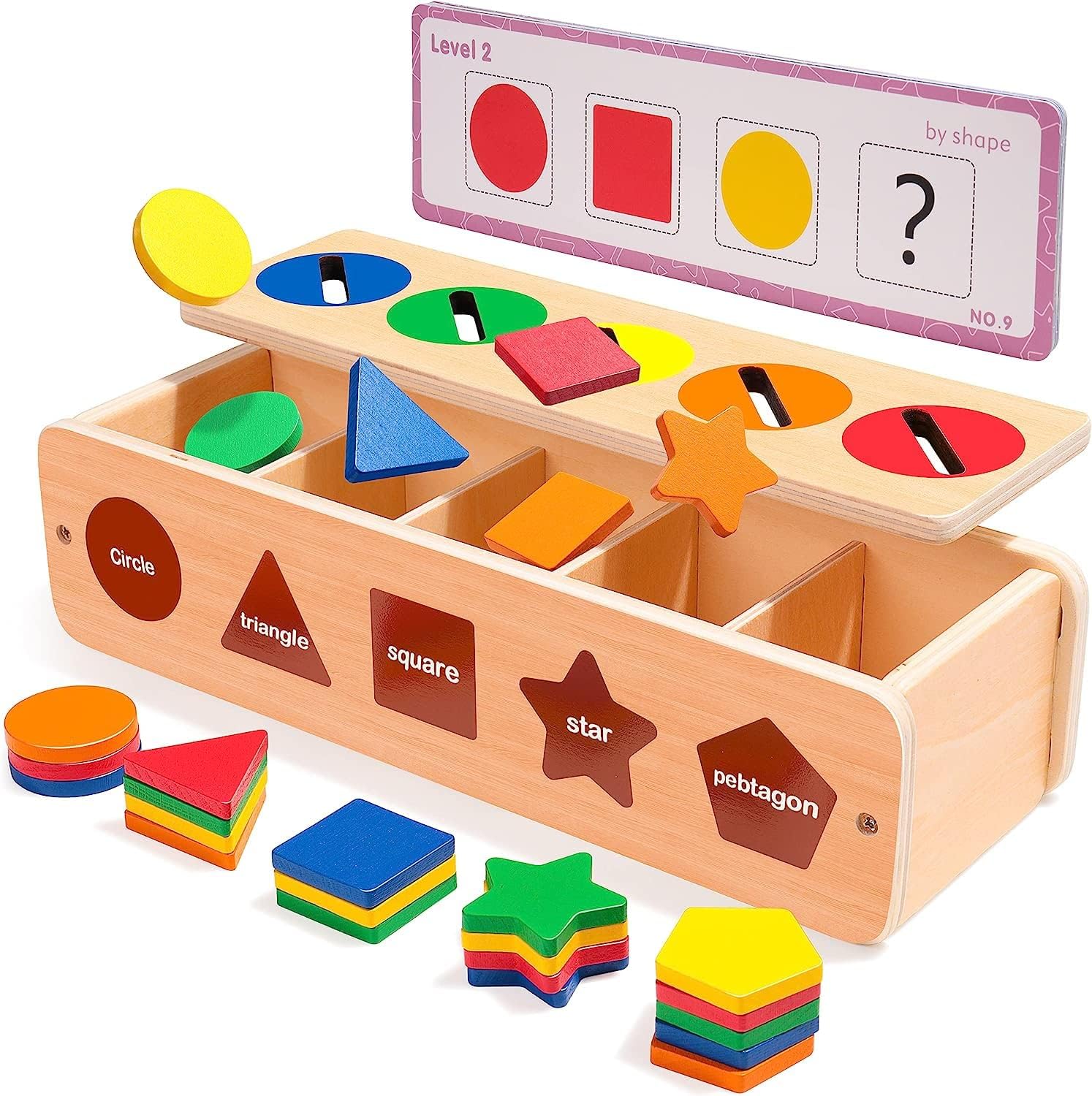AM ANNA Wooden Shape & Color Sorting Toy with Storage Box, 25 Geometric ...