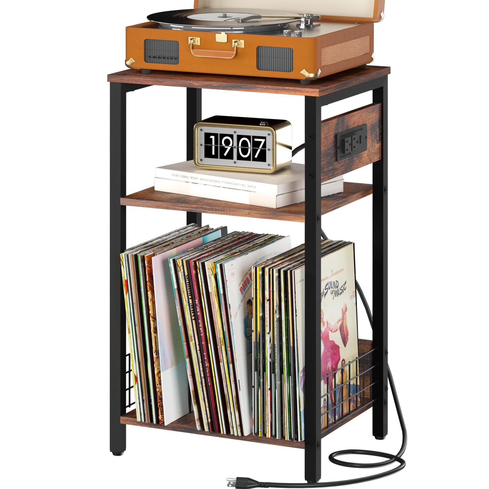 Yoobure Record Player Stand, 3-Tier Side Table with Charging Station ...