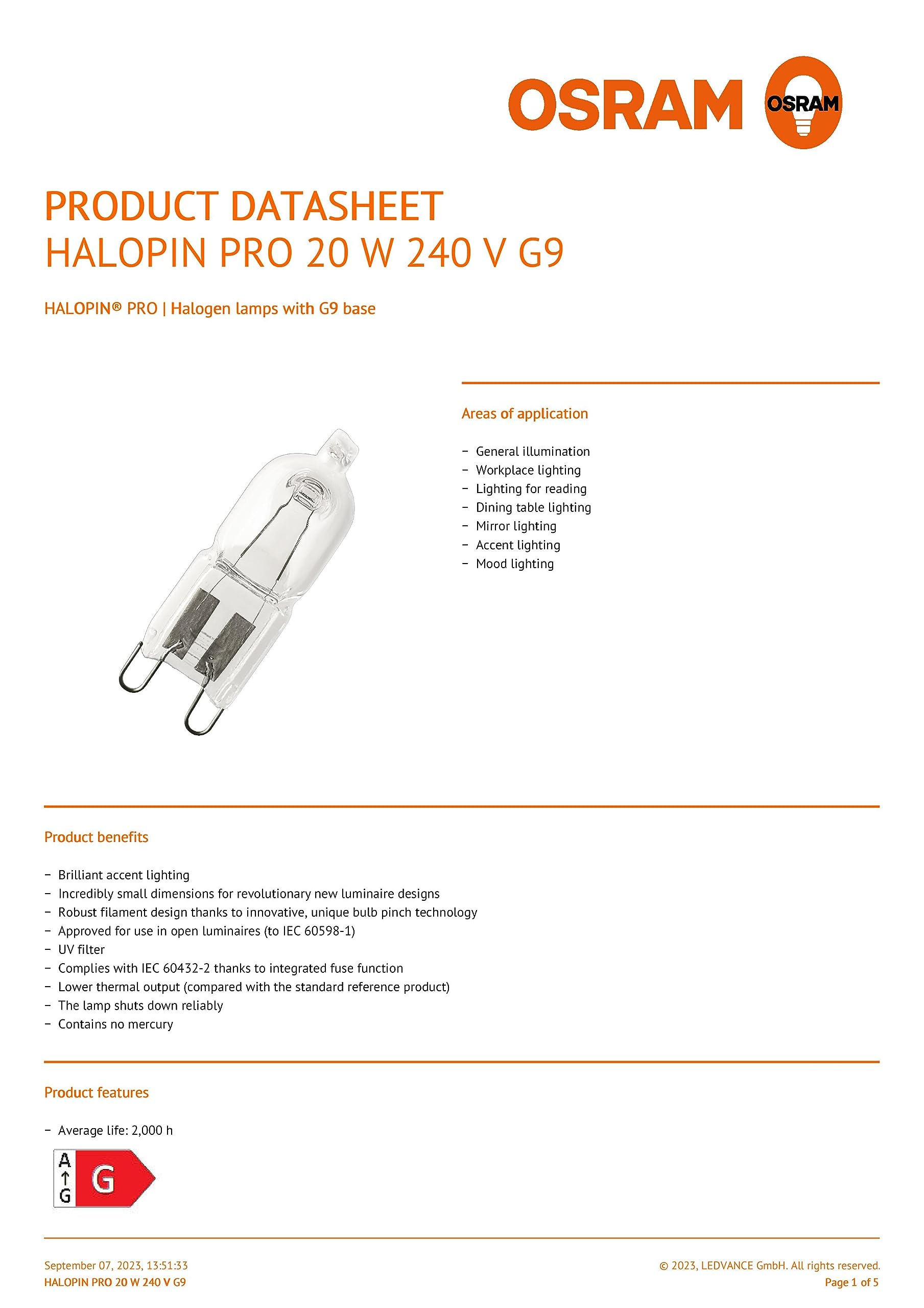 OSRAM HALOPIN PRO G9 20 W 240 V 2PIN G9 ECO Halogen Capsule Light Bulb ...