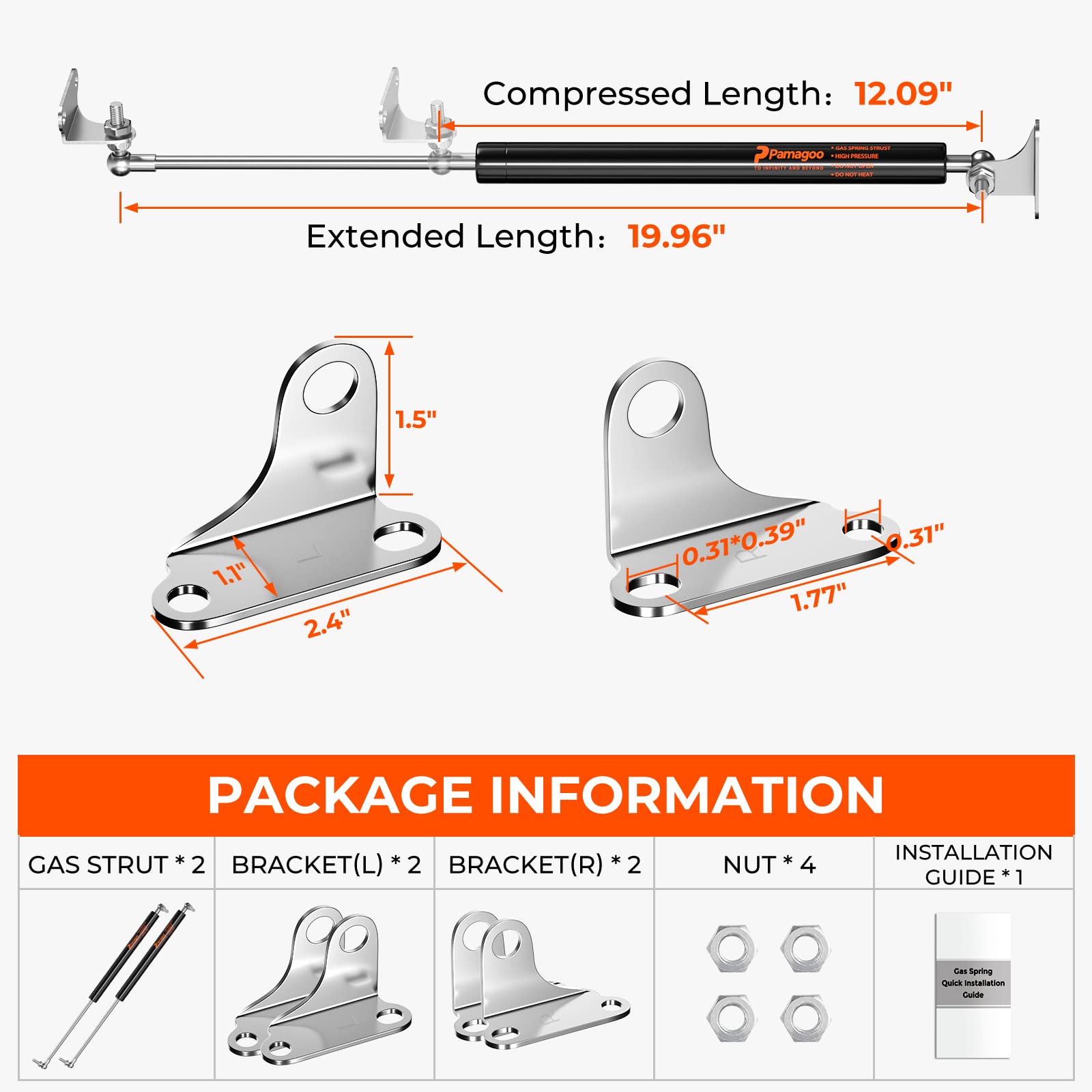 PAMAGOO 20 inch Gas Strut 100 lbs 445 N Per Prop Gas Spring Shock with ...