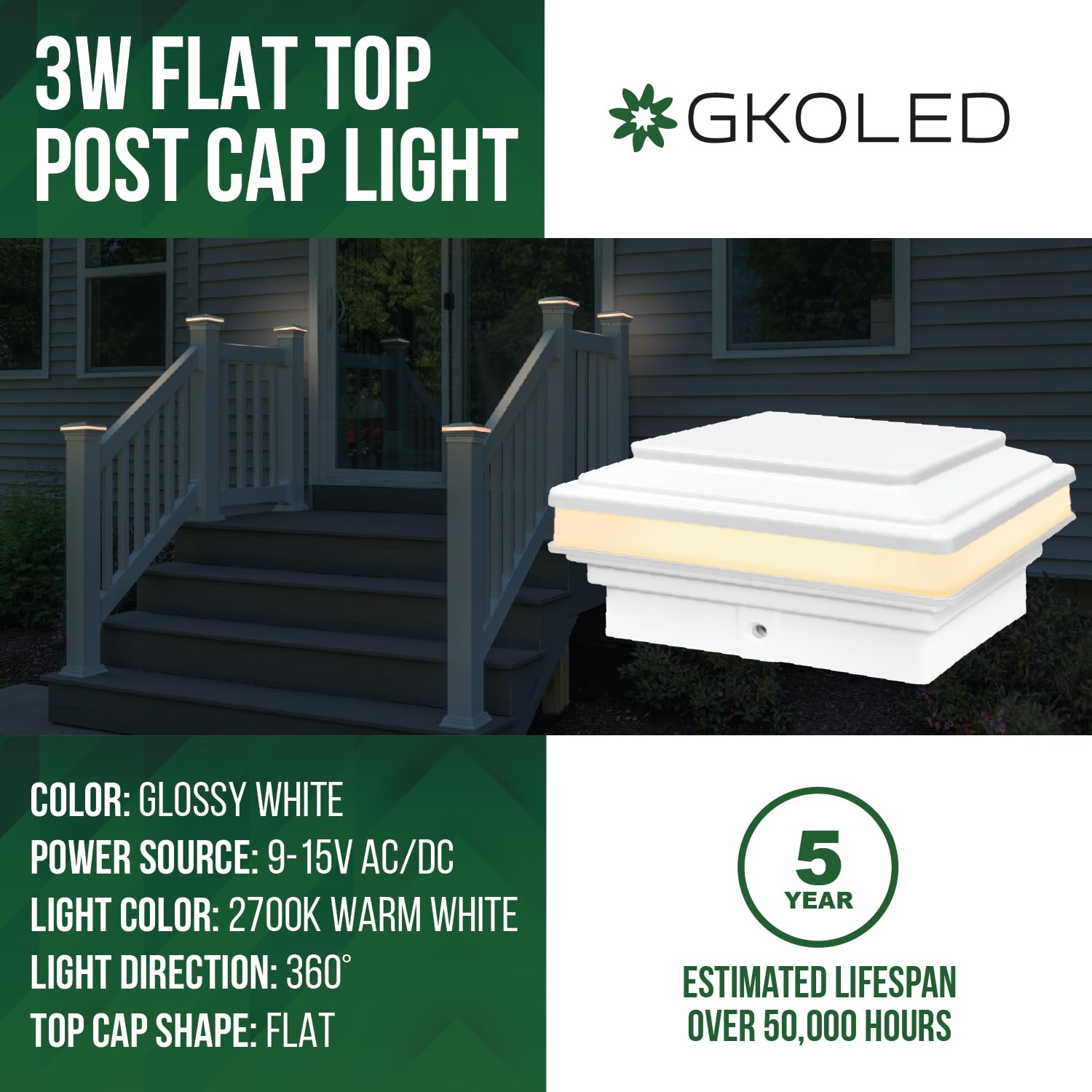 Snapklik.com : Flat Top Post Light, 9-15V AC/DC 3W IP65 Waterproof ...
