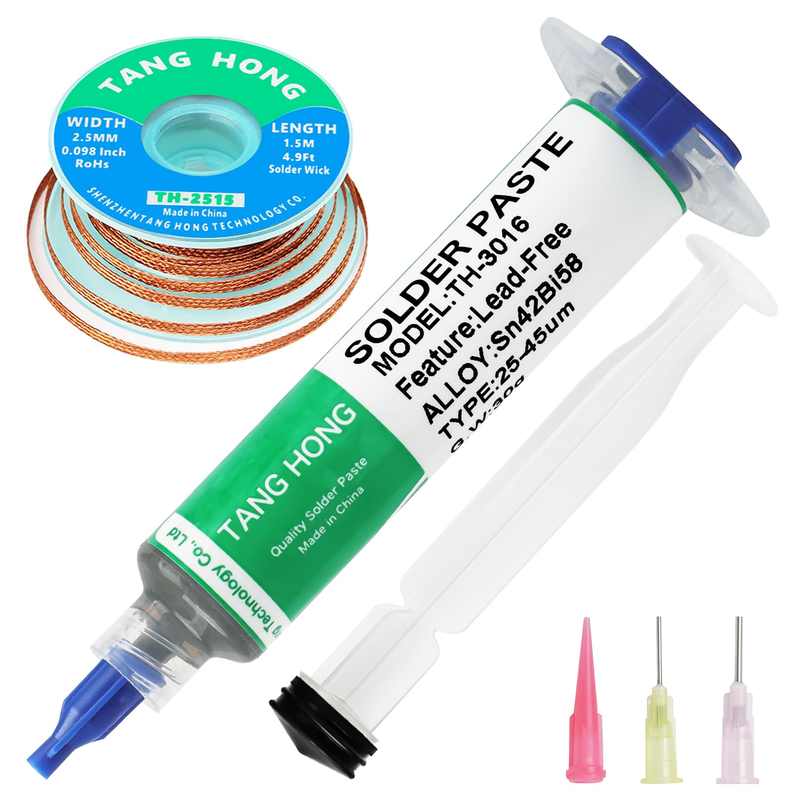 TANG HONG Solder Paste & Solder Wick Kit,Sn42/Bi58 T3 Lead Free Solder Paste,138℃ Low Melt ...