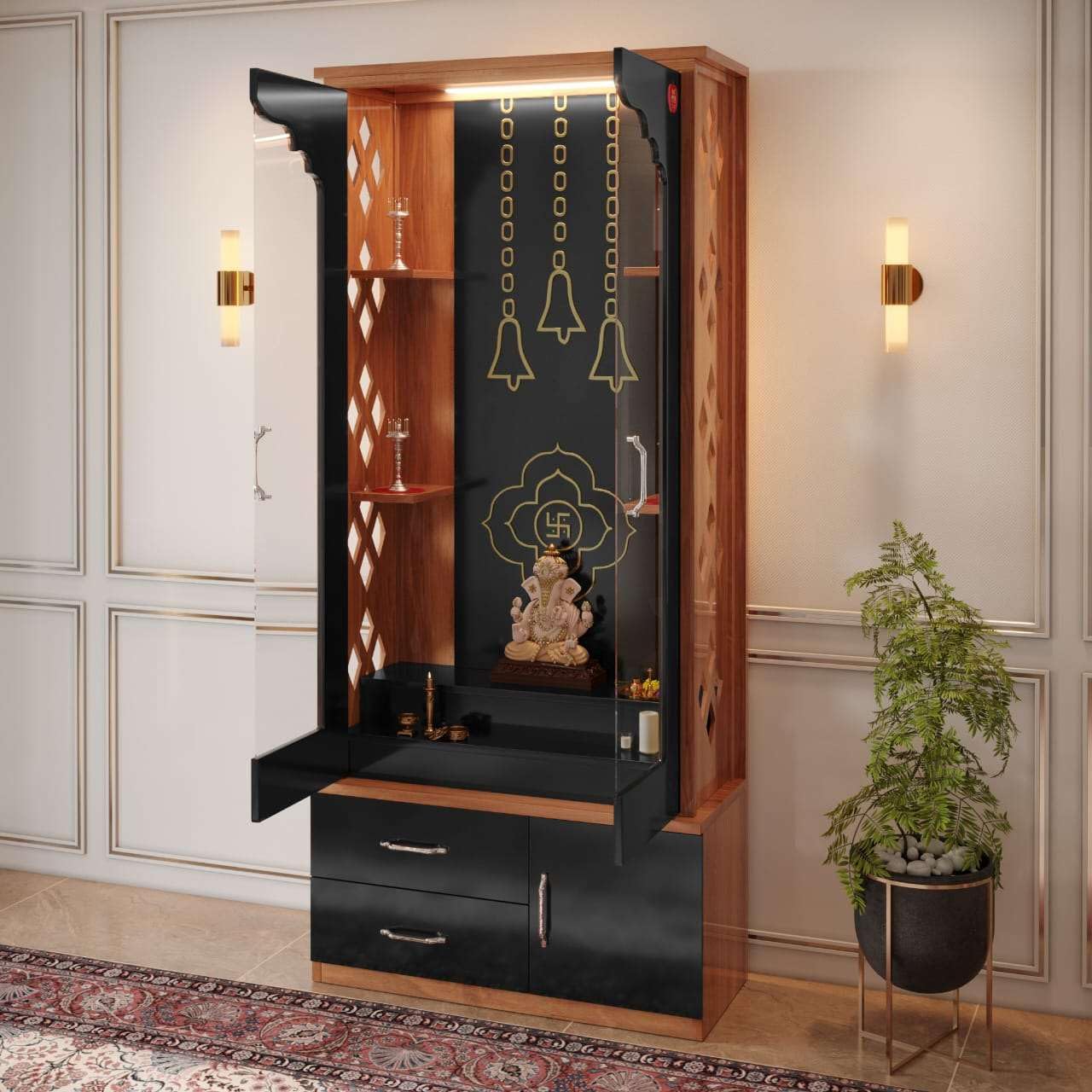 Office Pooja Room Designs Brown & White Pooja Mandir Wooden Temple