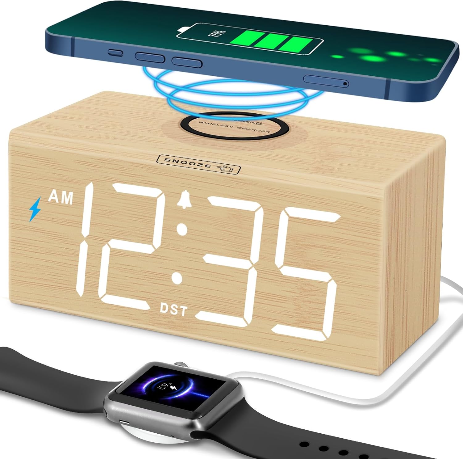 Amazon.com: DreamSky Wooden Digital Alarm Clock with Wireless Charging ...