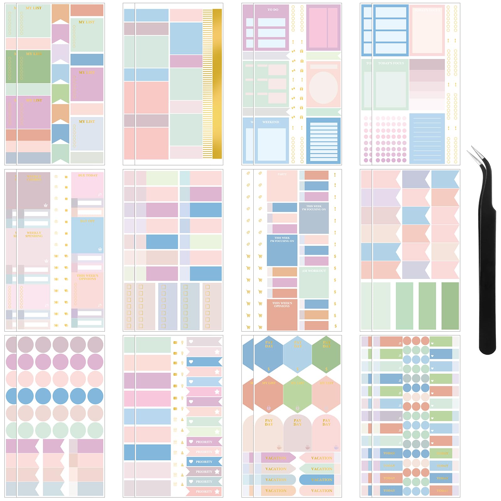 Amazon.com: 24 Sheets Pastel Functional Planner Stickers Mixed Metallic ...