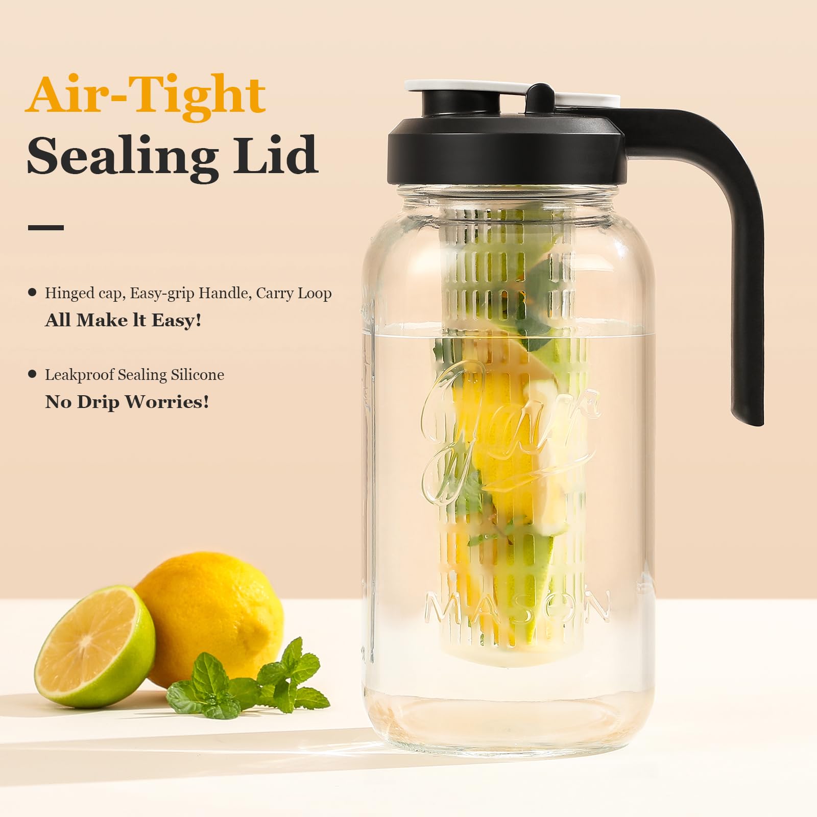 Mason Jar Fruit Infuser Water Pitcher, Glass Pitcher with Filter Lid ...