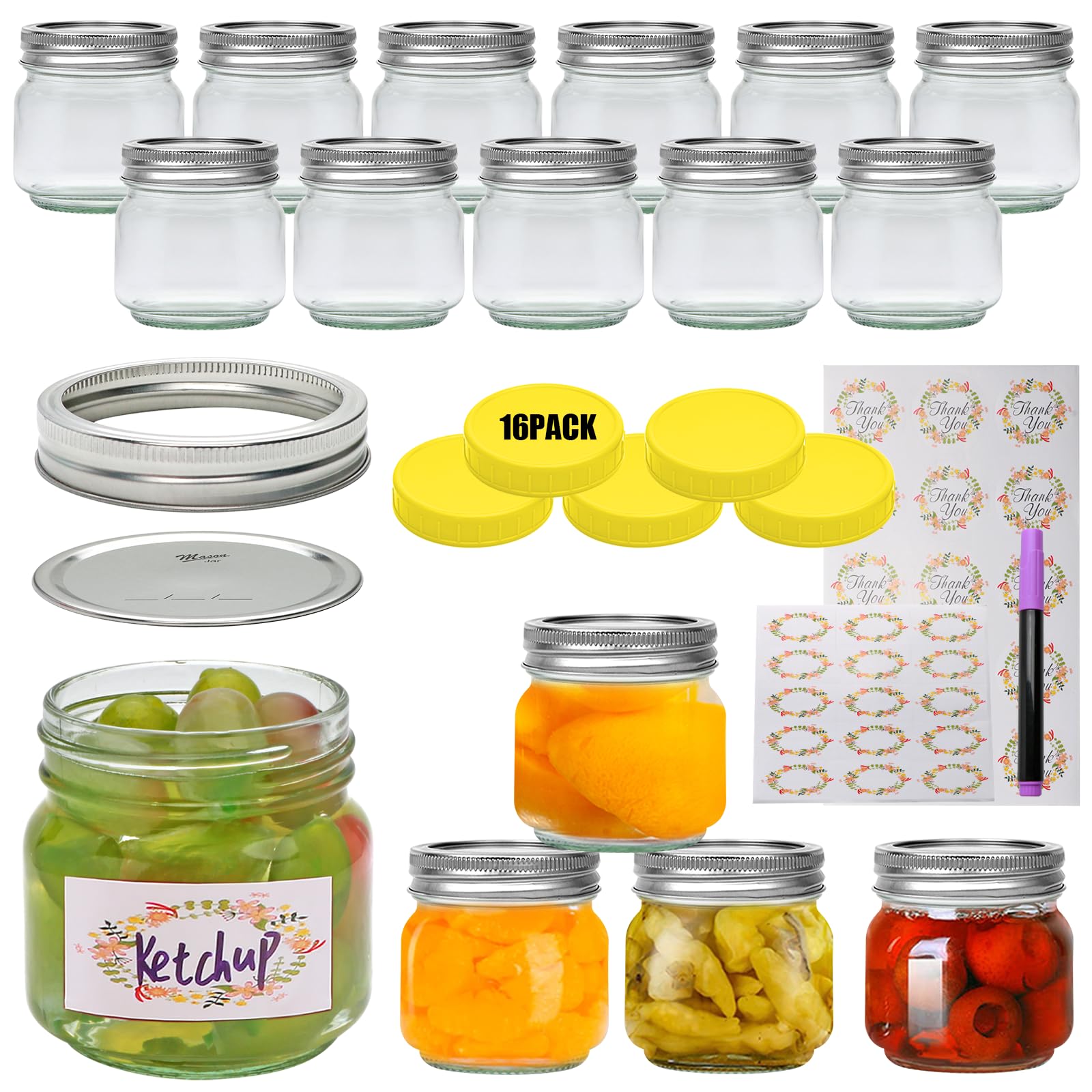 Amazon.com: Accguan Mason Jar Set of 16, 8 OZ Glass Jar with Yellow ...