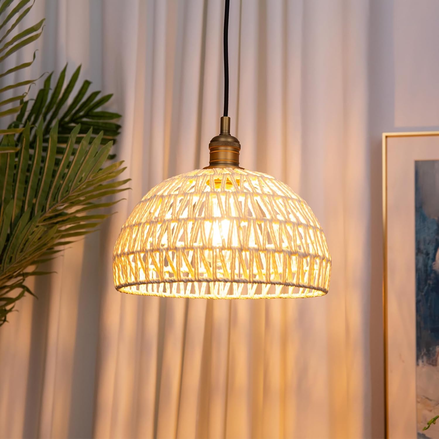 Pathson Woven Rattan Pendant Light Fixture Adjustable Textile Cord ...