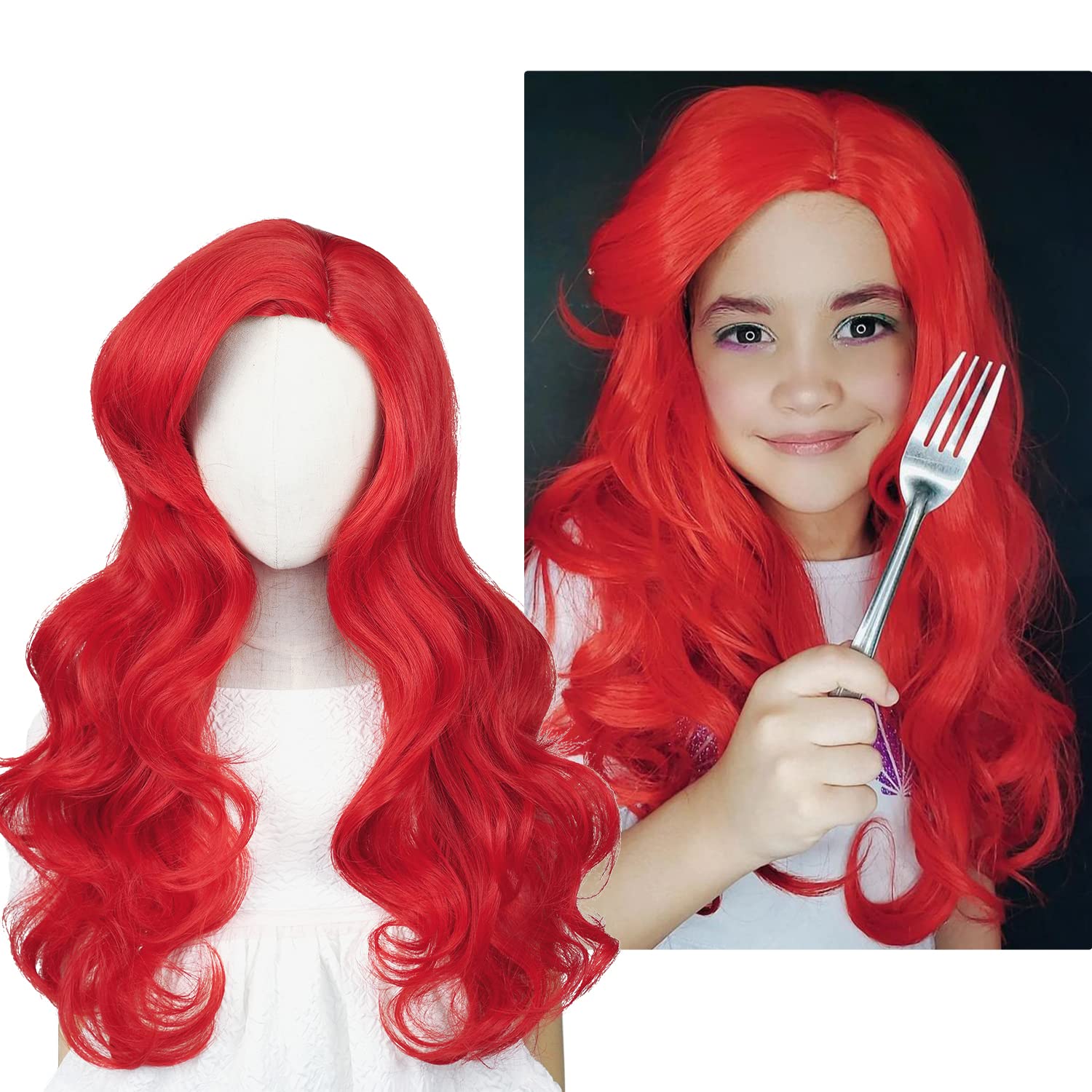 Amazon.com: Aicos Mermaid Cosplay Wigs for Kids Long Red Curly Wig with ...
