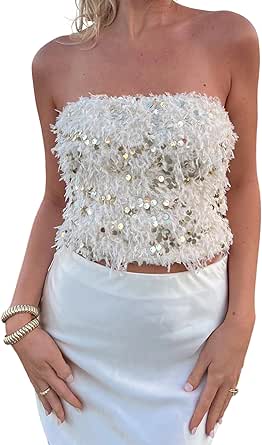 Amazon.com: Women's Sexy Off Shoulder Sequin Faux Fur Tube Tops ...