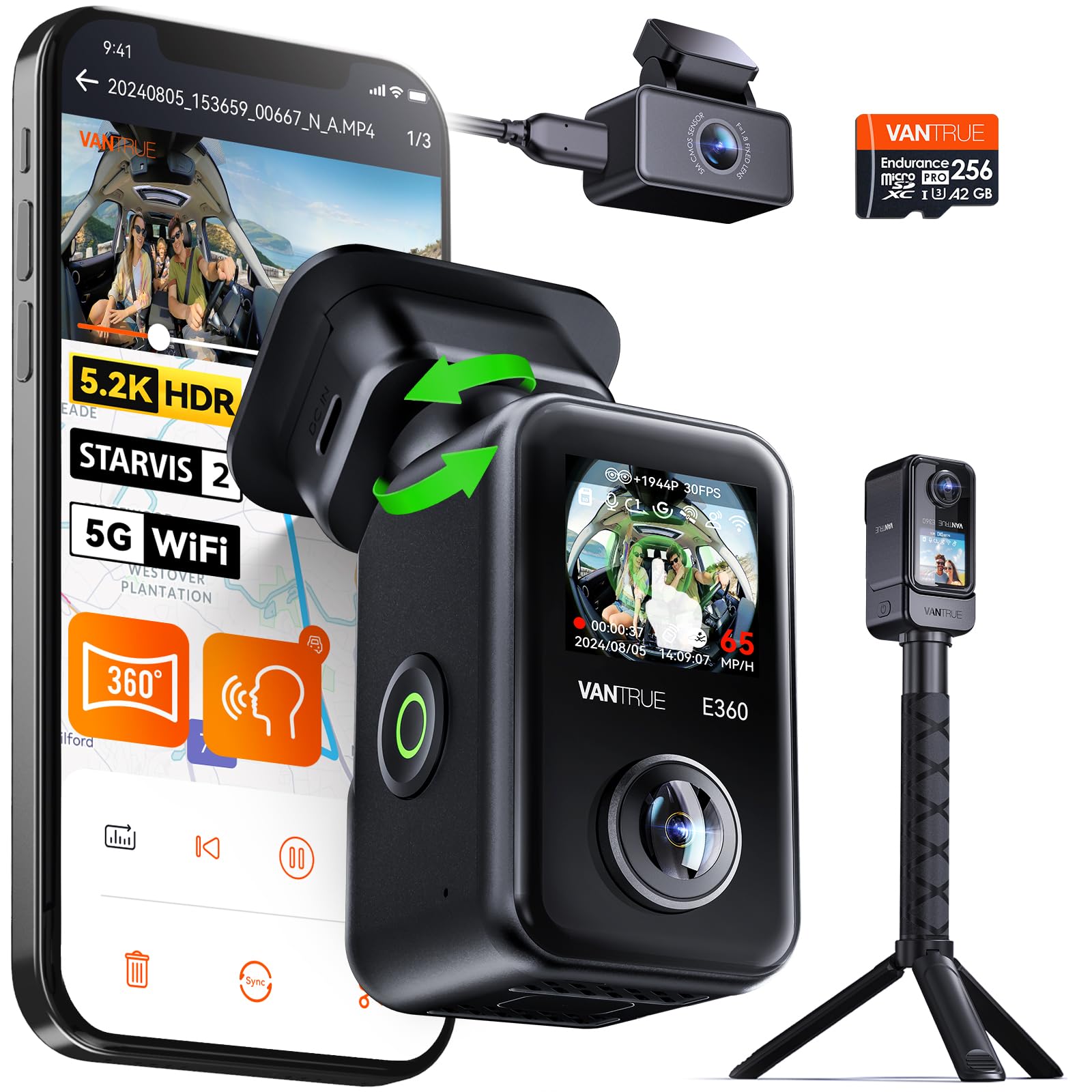 Amazon.com: 【Bundle: Vantrue E360 ACE 5.2K 360° Panoramic Dash Cam ...