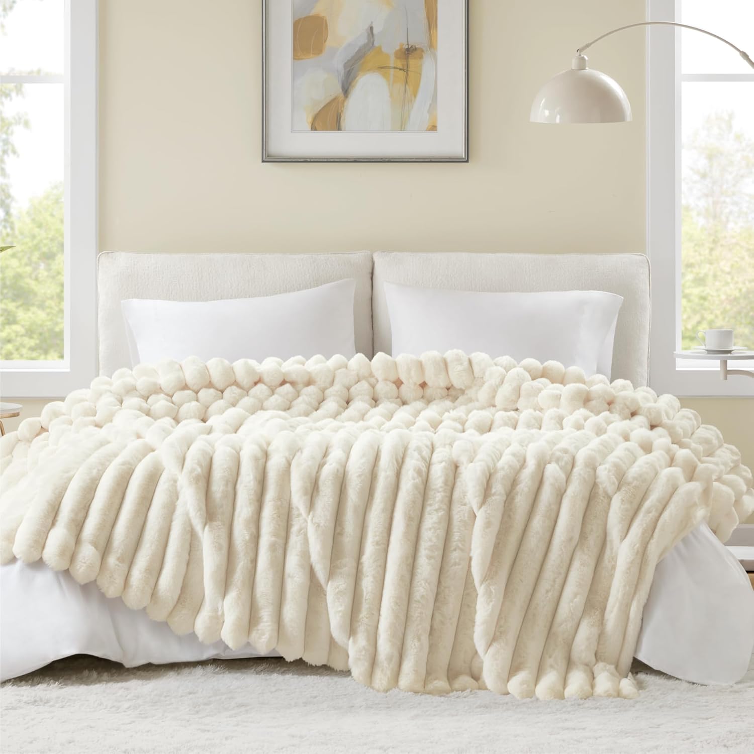 Amazon.com: Hyde Lane Faux Rabbit Fur Striped Throw Blanket Queen Size ...