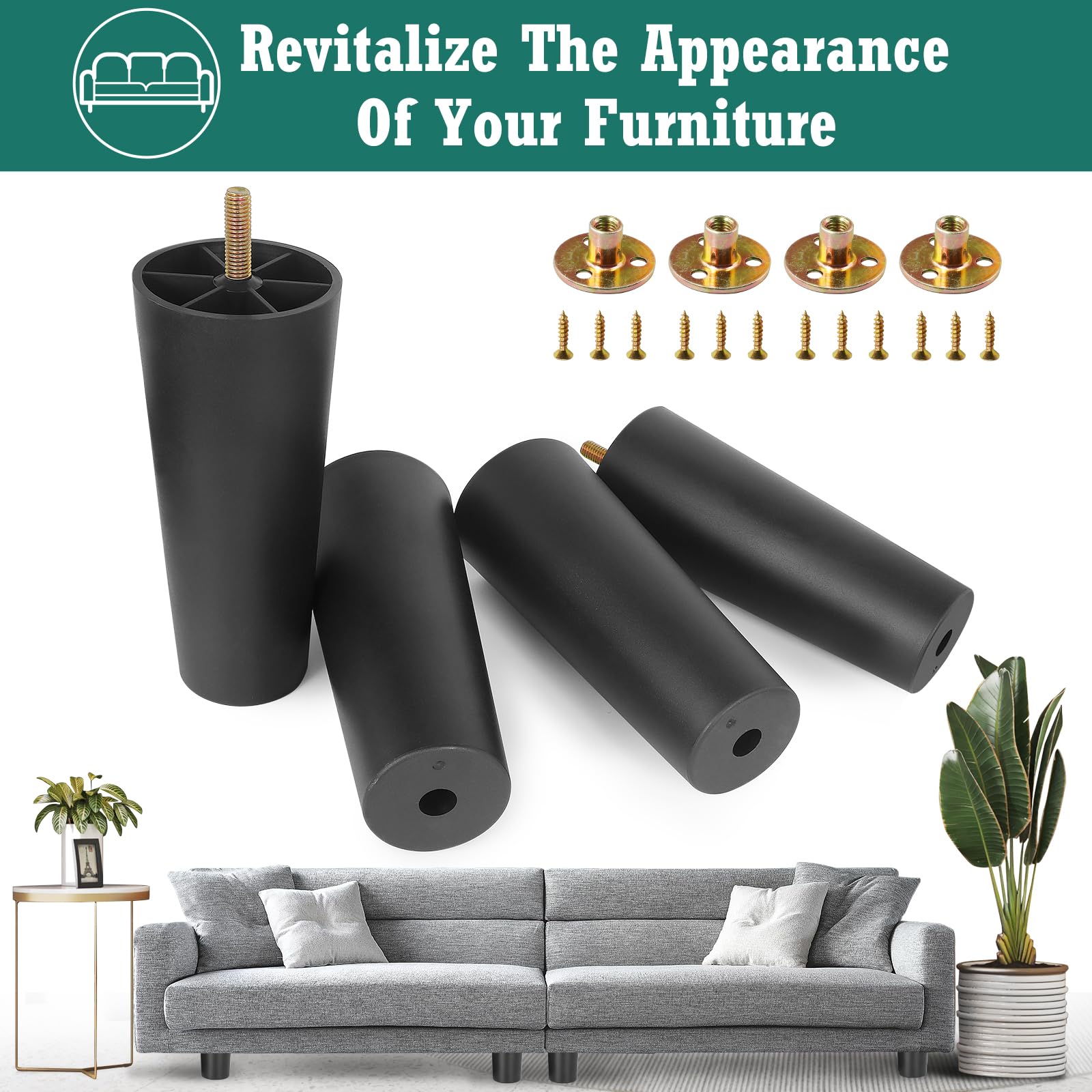 Snapklik.com : Masendelk 4pcs Plastic Furniture Legs 6 Inch, Black ...