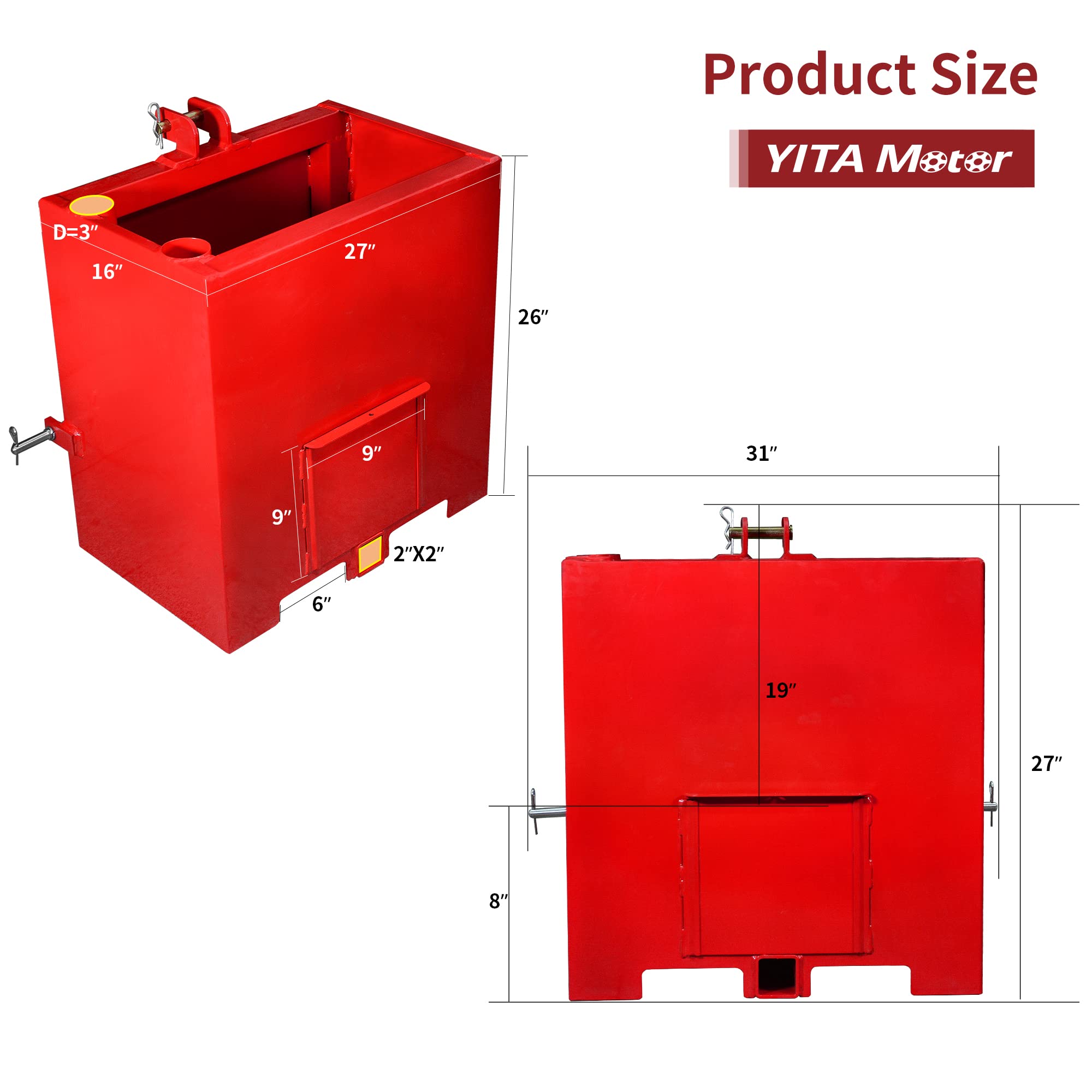 YITAMOTOR 3 Point Hitch Ballast Box, 800 lbs Tractor Ballast Box with 2 ...