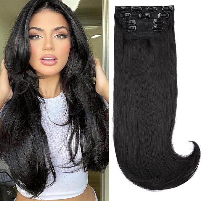Mscat Clip-in Hair Extensions - 4pcs Black Synthetic Thick Long ...
