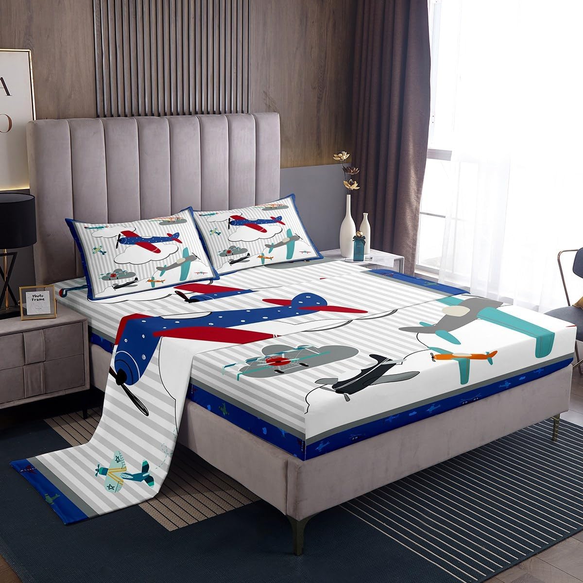 Amazon.com: Aircraft Sheets with Deep Pocket Fitted Sheet Queen Size ...