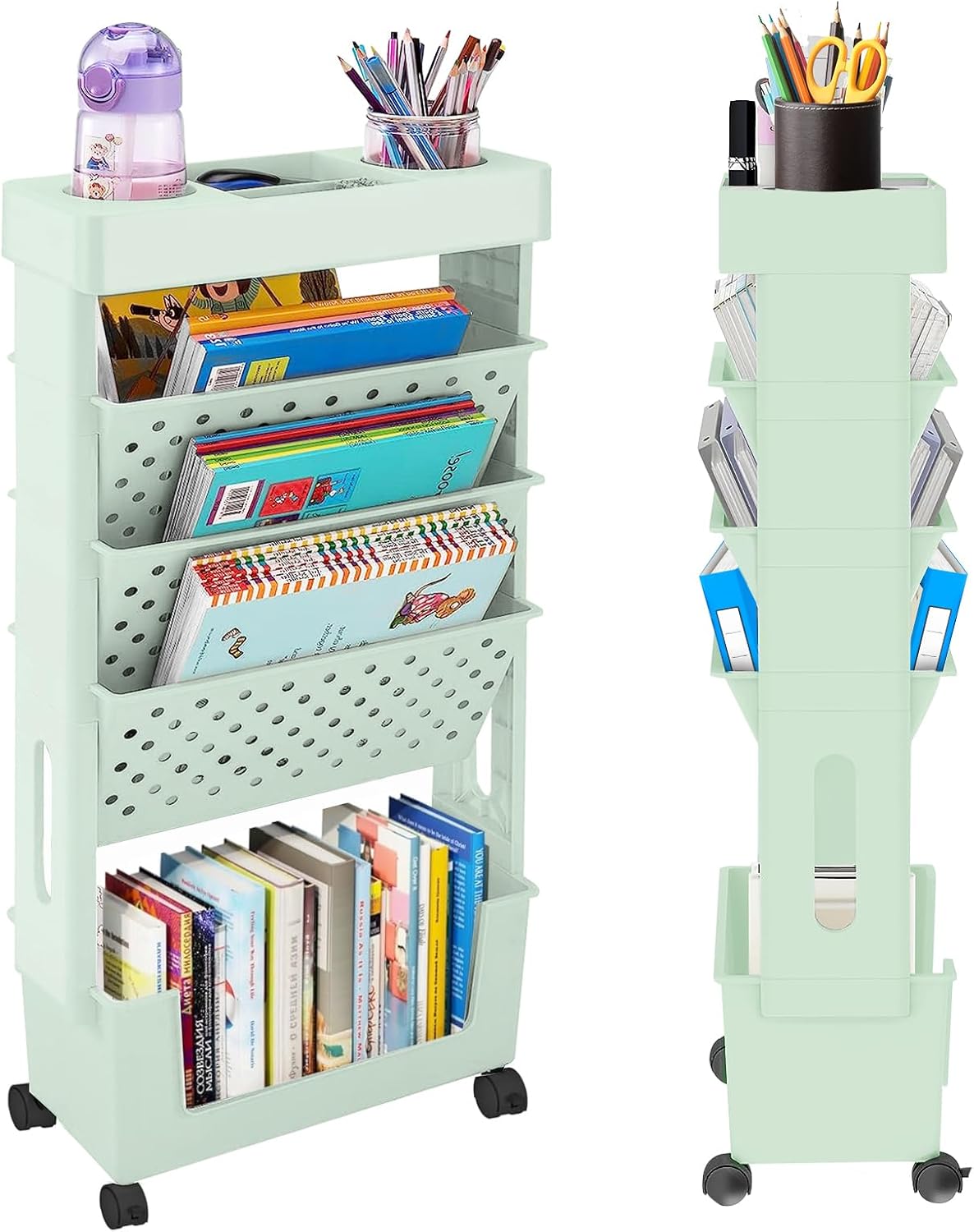 Green Rolling Bookshelf Cart, 5 Tier Multi-Functional Movable Book Cart ...