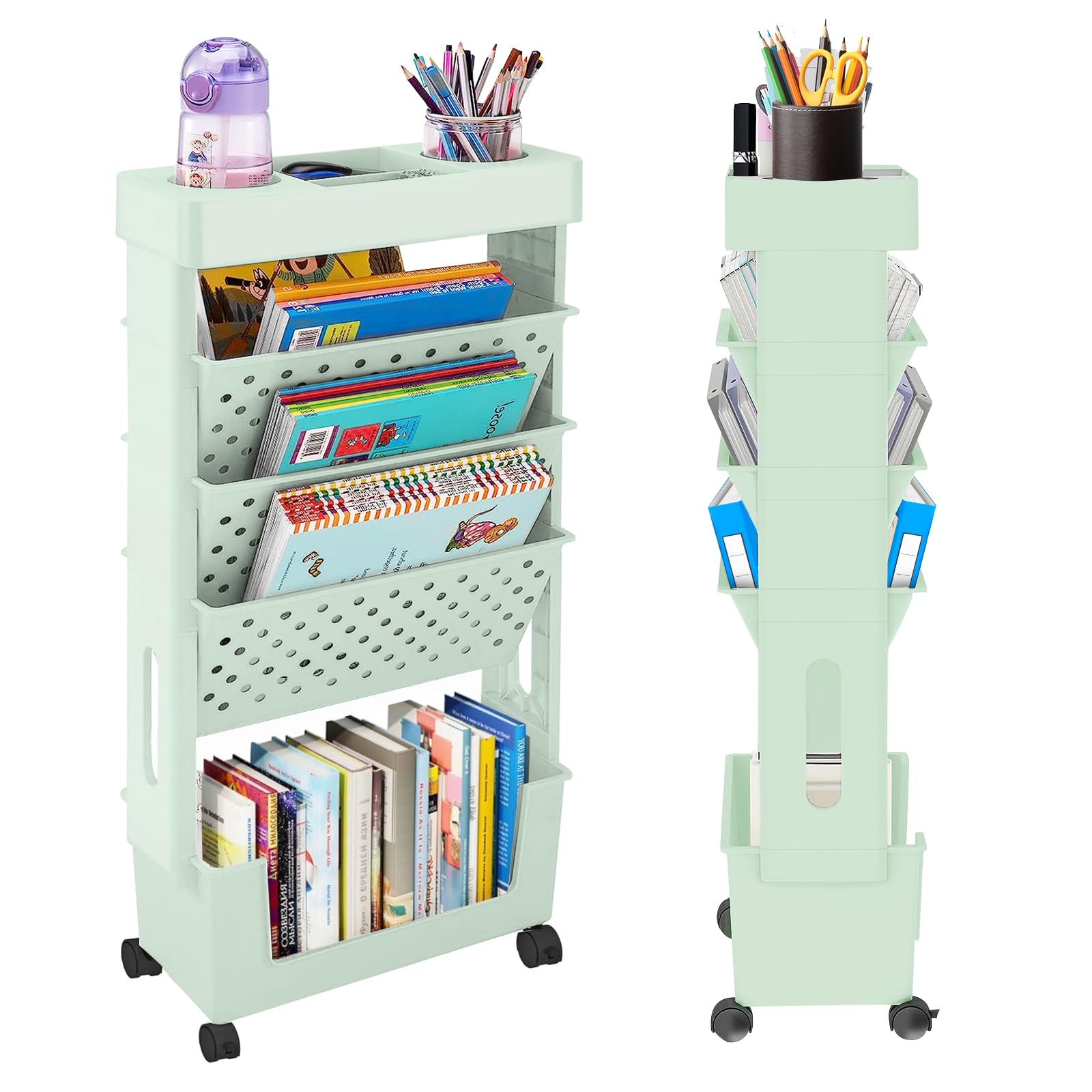 Green Rolling Bookshelf Cart, 5 Tier Multi-Functional Movable Book Cart ...