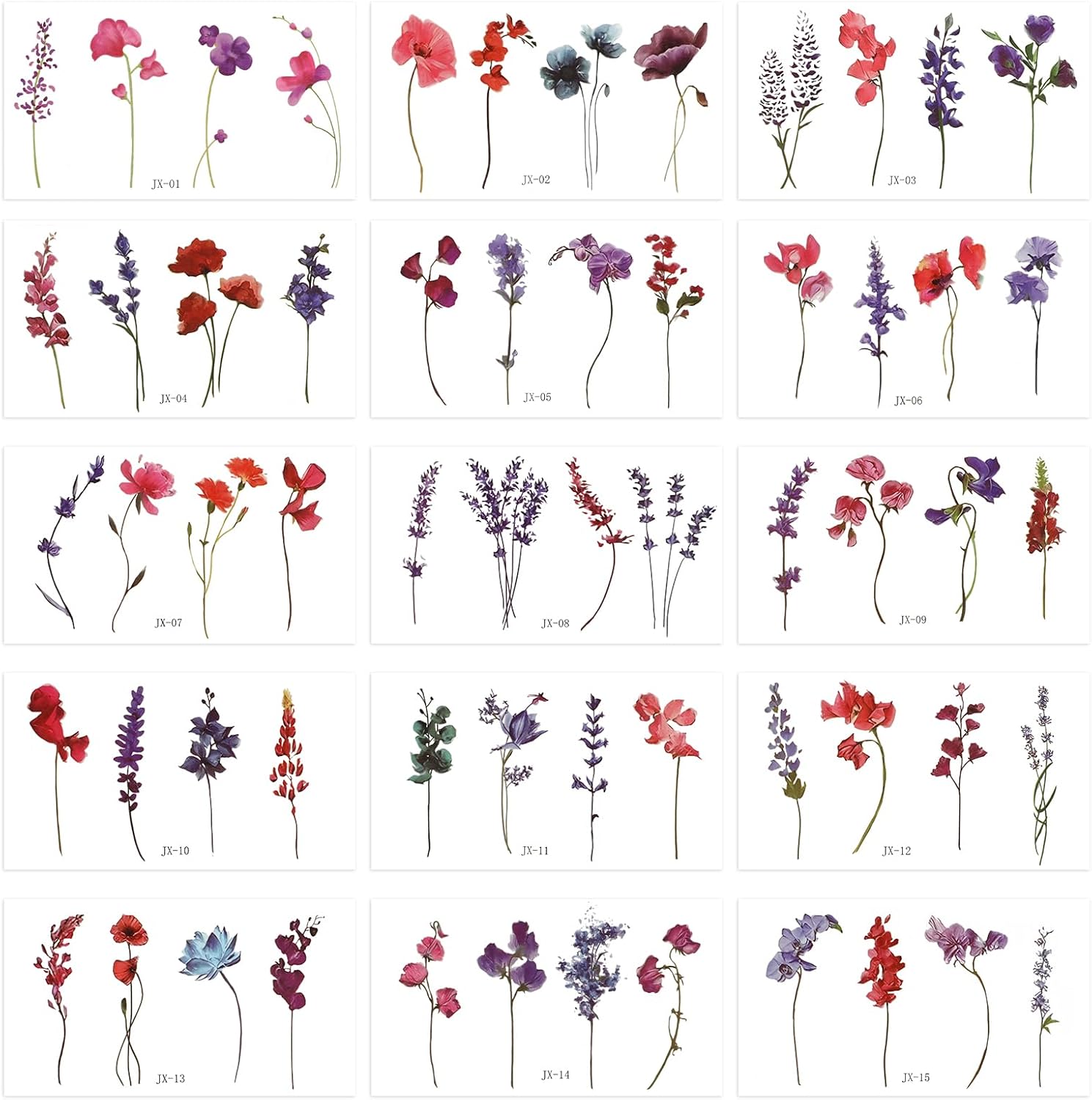 Lusofie 15 Sheets Flower Tattoos Temporary Watercolor Lavender Lily ...