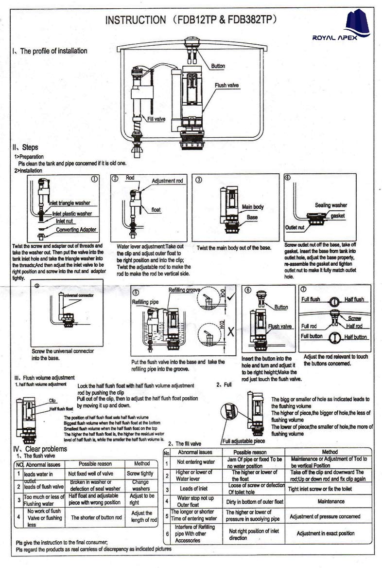 Royal Apex Flowell Dual Flush Valve Set Brass Fill Valve Toilet ...