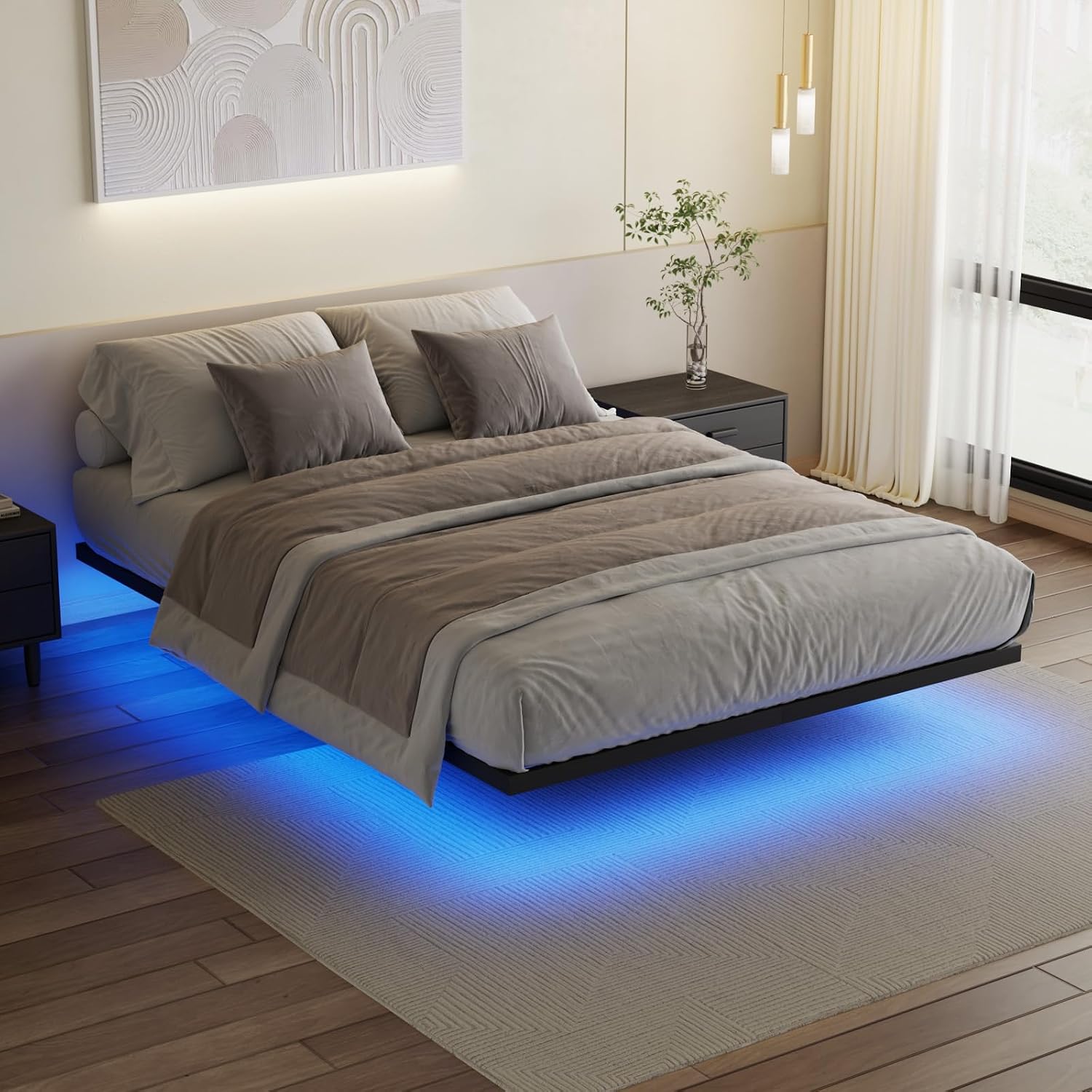 Ufurniture Floating Bed Frame Queen Size with LED Light, Metal Platform ...