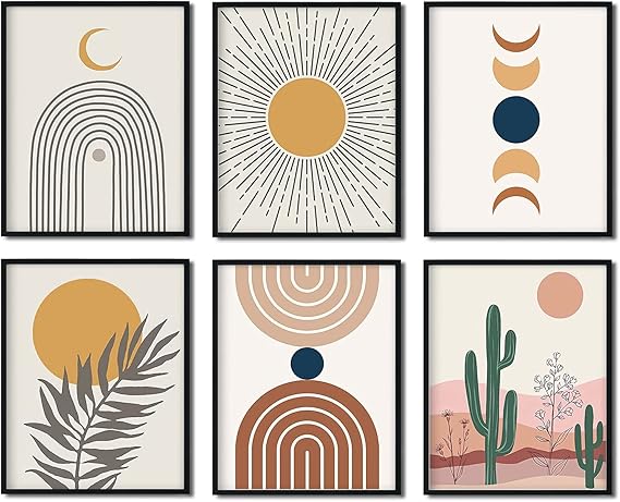 Amazon.com: Boho Sun Moon Abstract Wall Art - Minimalist Line Paper ...