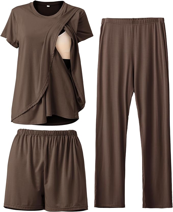 Rnxrbb 3 Piece Postpartum Nursing Pajamas Set Double Layer Maternity ...