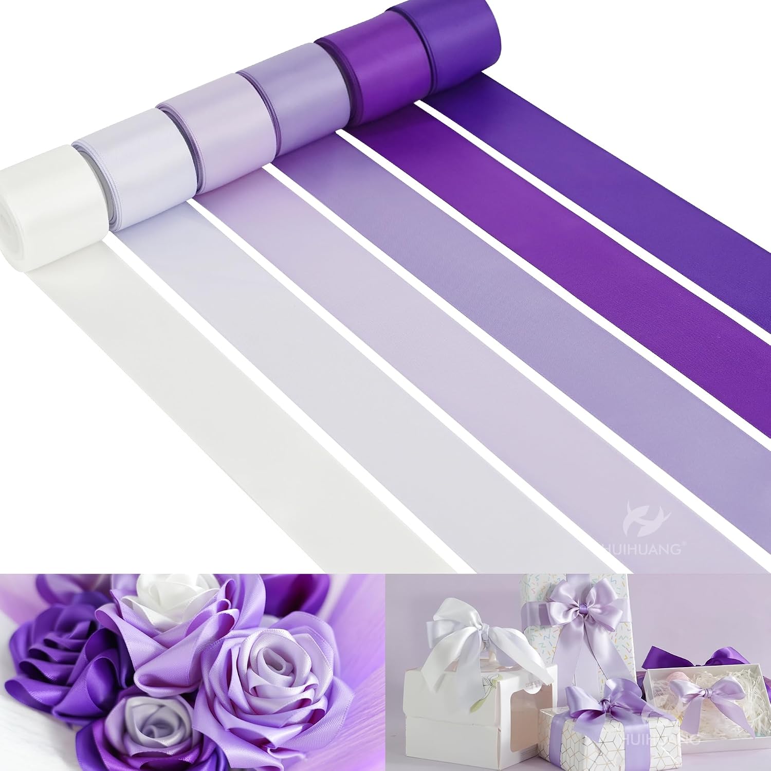 Amazon.com: HUIHUANG Purple Ribbon 1-1/2 inch Lilac Purple and White ...