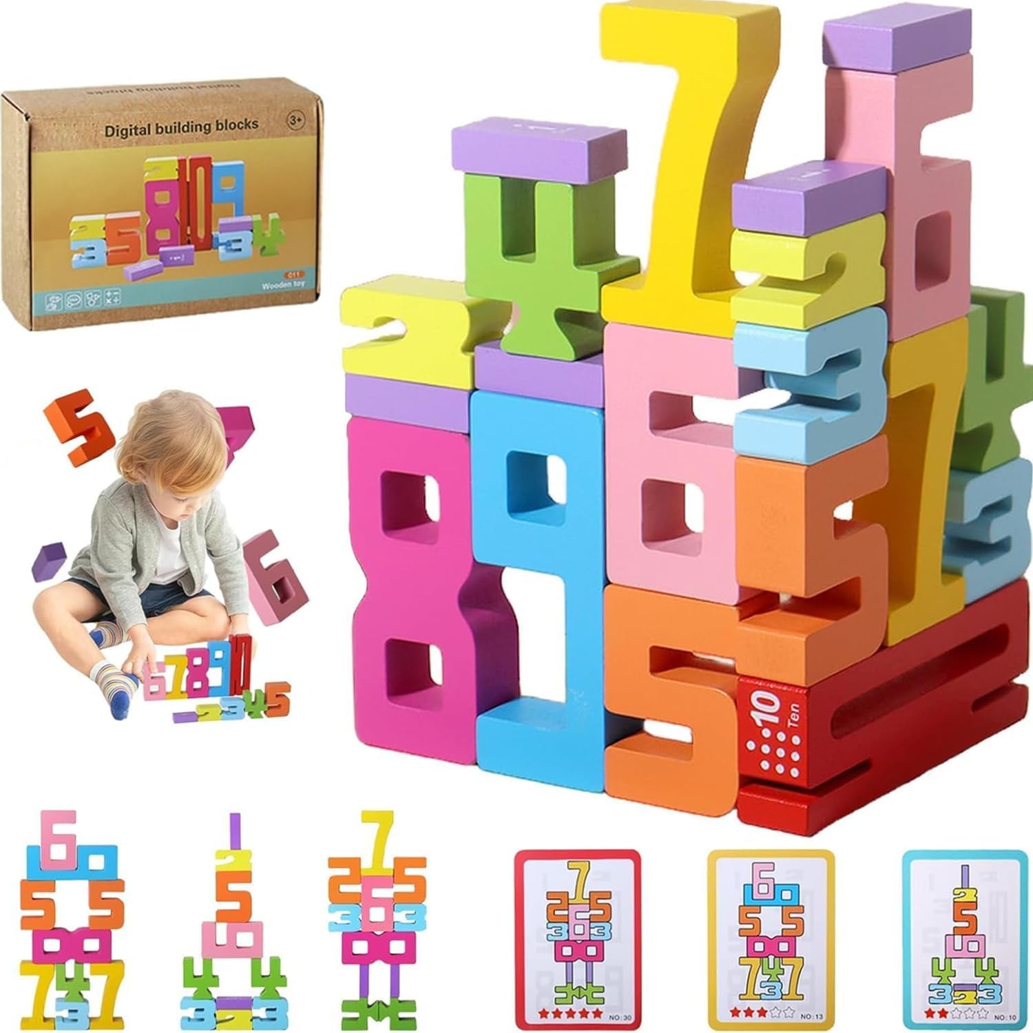 20/40Pcs Wooden Building Blocks, Wooden Number Blocks with Instruction ...