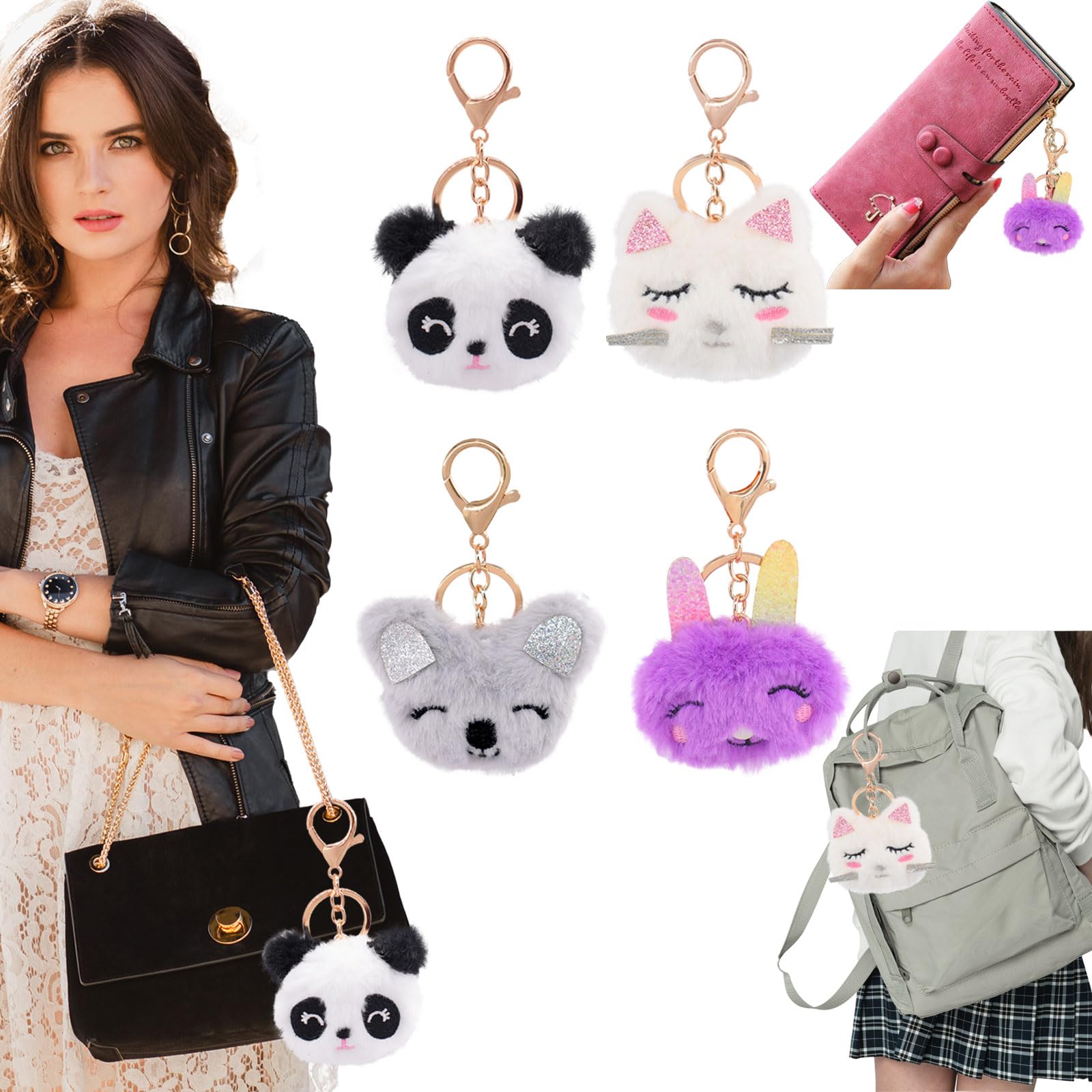 BEGOOD Animal Keychains for Women Girls, Cute Faux Fur Key Chain Fluffy ...