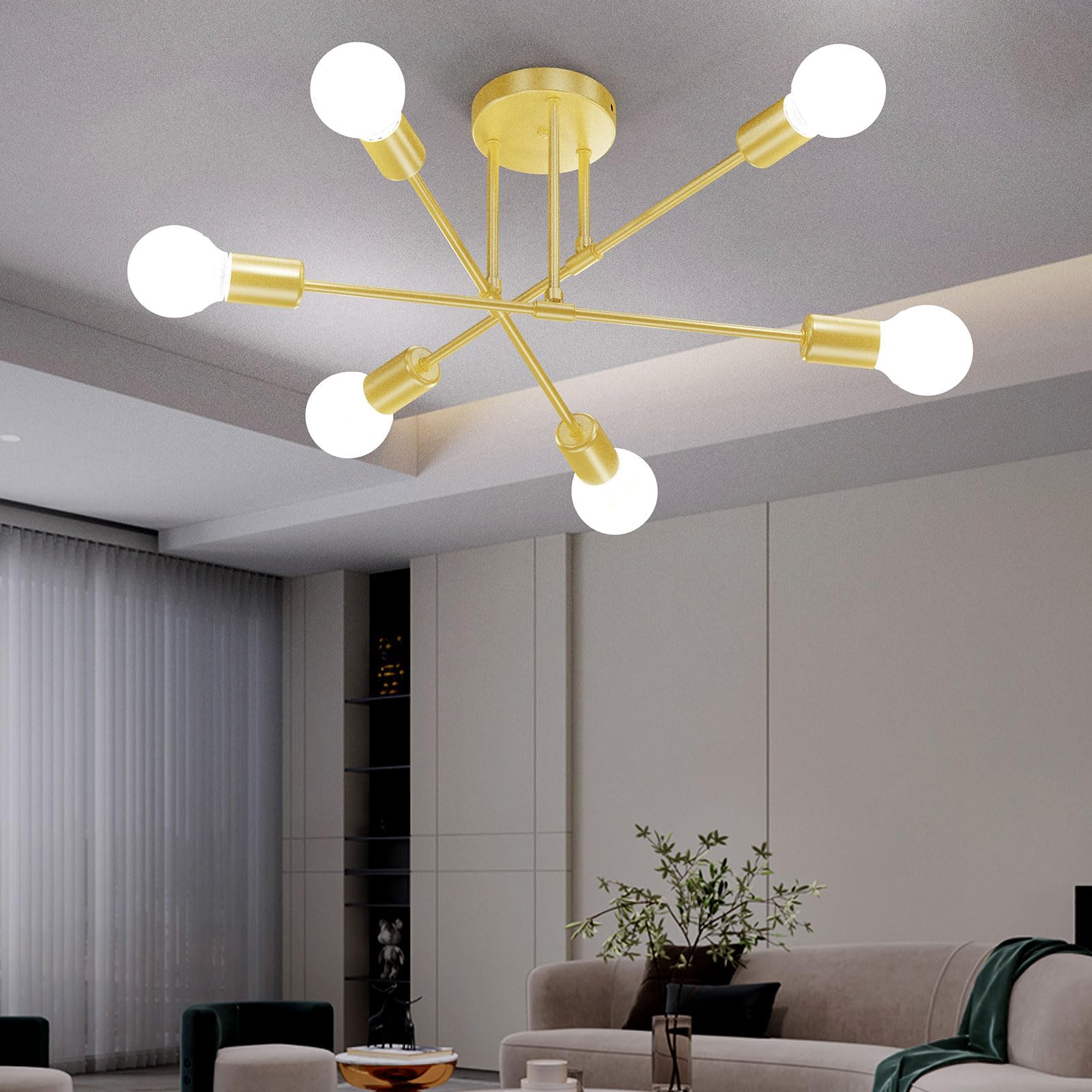Sunwish Sputnik Chandelier, 6-Light Gold Flush Mount Ceiling Light ...