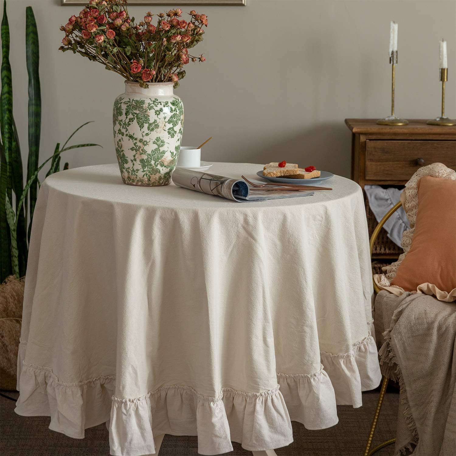 Amazon.com: GLORY SEASON Retro Farmhouse Ruffle Round Tablecloth Cotton ...