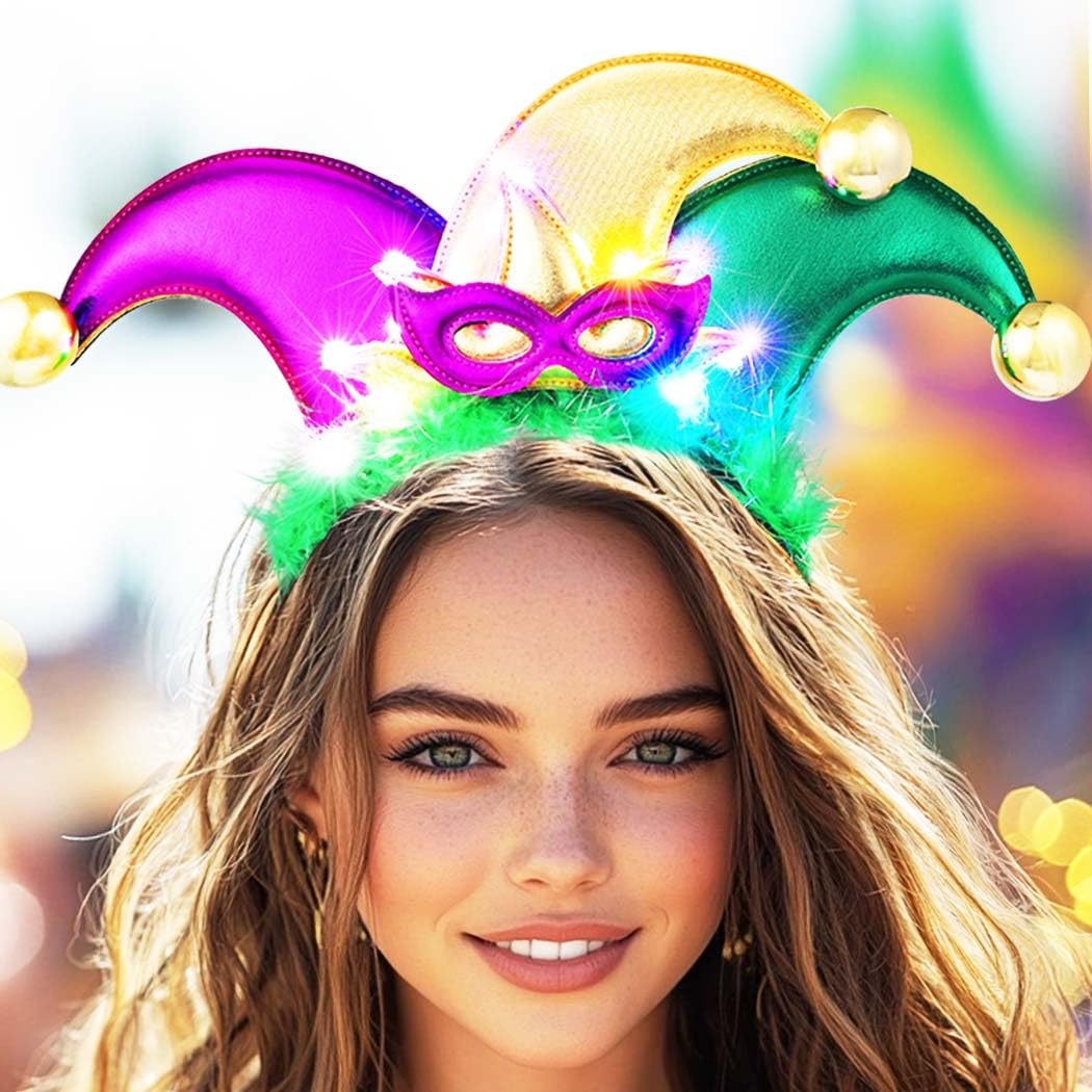 Amazon.com: GORTIN Mardi Gras Jester Hat Headband Light Up Carnival ...