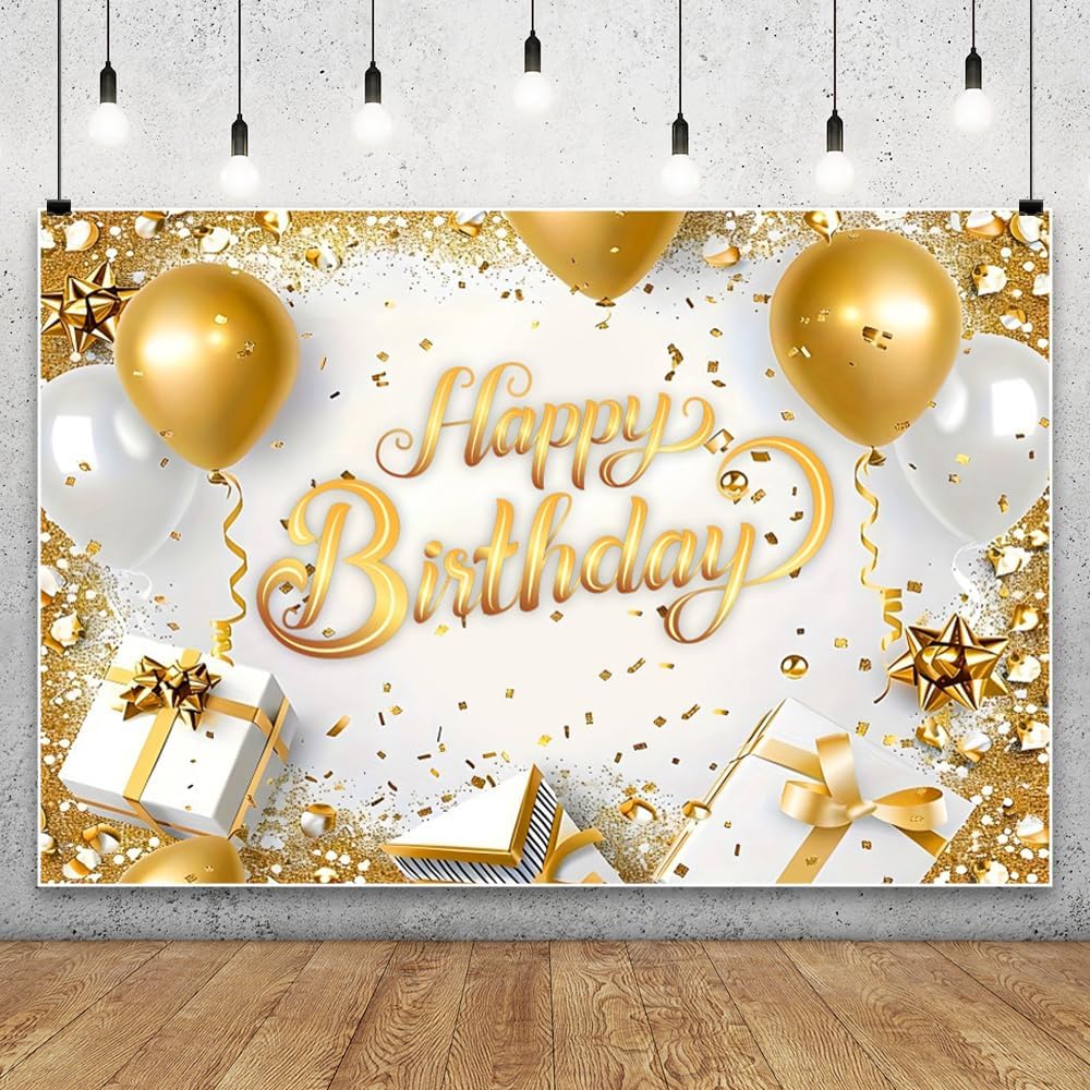 Amazon.com : Leowefowa 10x8ft Happy Birthday Backdrop White and Gold ...