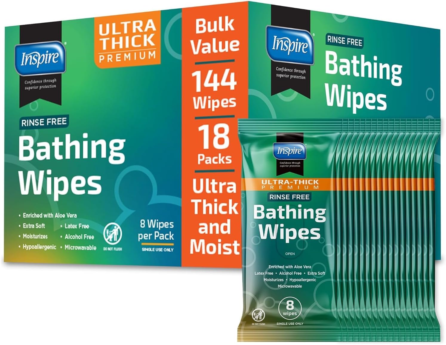 Amazon.com: Inspire Ultra Thick Rinse Free Body Wash Wipes, Bathing ...