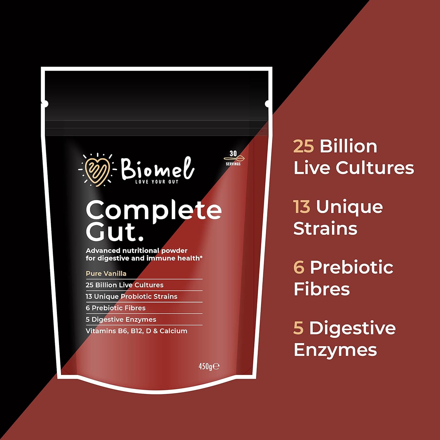 Biomel Complete Gut | Probiotic + Prebiotic | 30 Servings (Pure Vanilla ...