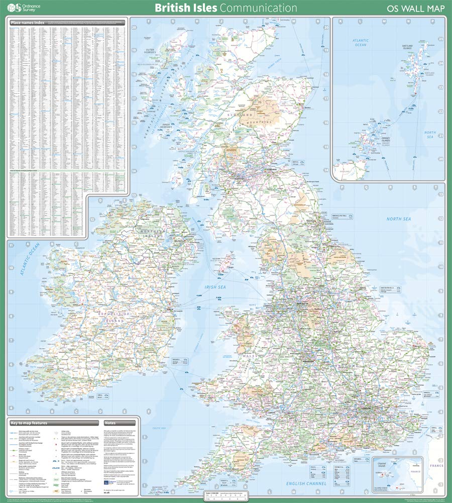 British Isles Communication Wall Map Laminated Wall Map Ordnance Survey ...