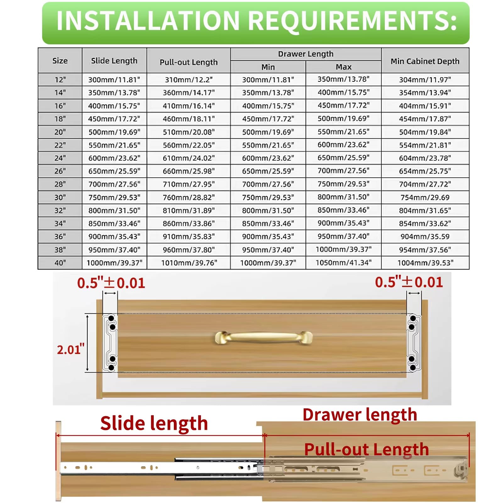 PHWALK 1 Pair 16 Inch 150 Lb Heavy Duty Drawer Slides Full Extension ...