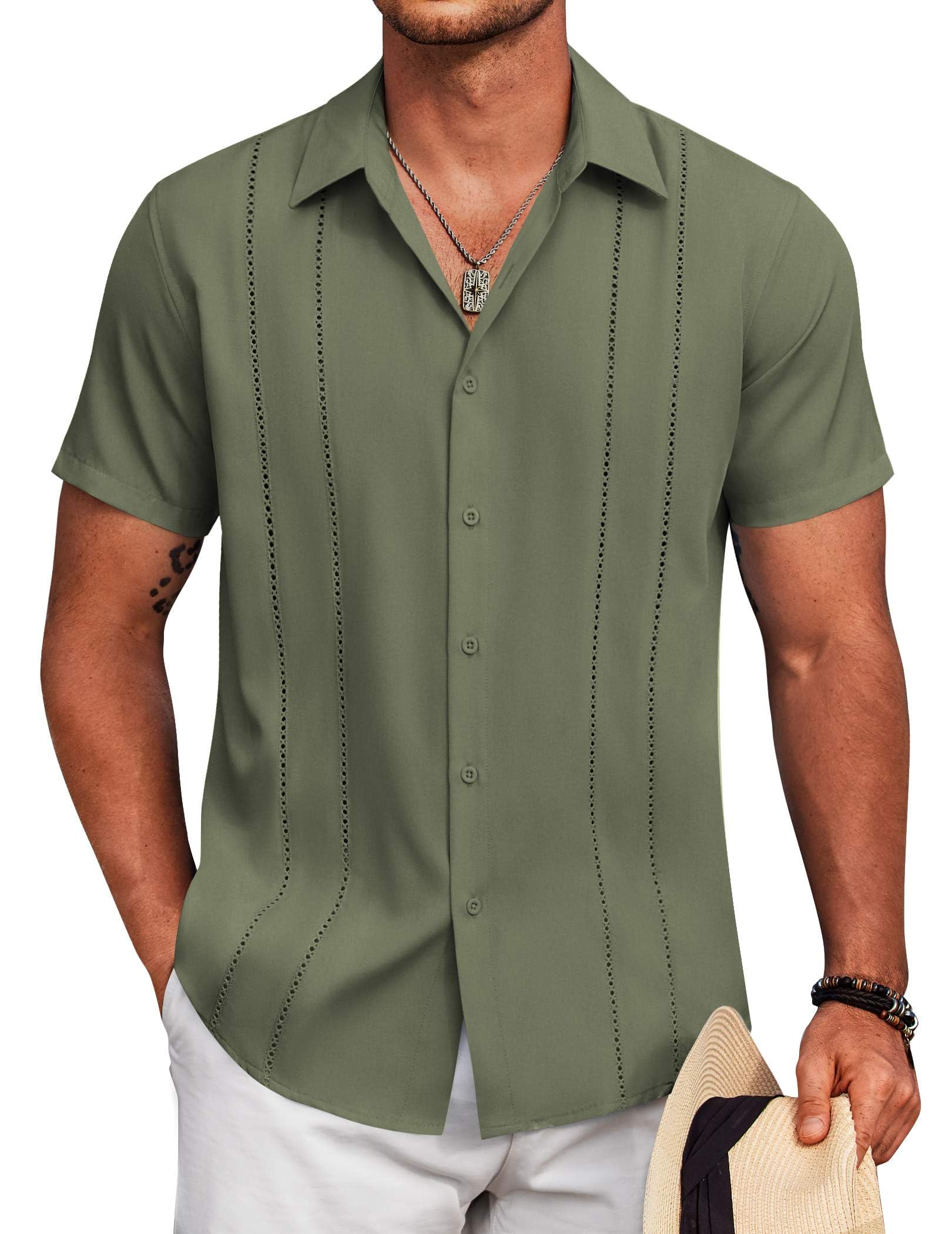 Amazon.com: COOFANDY Mens Cuban Guayabera Shirt Short Sleeve Button ...