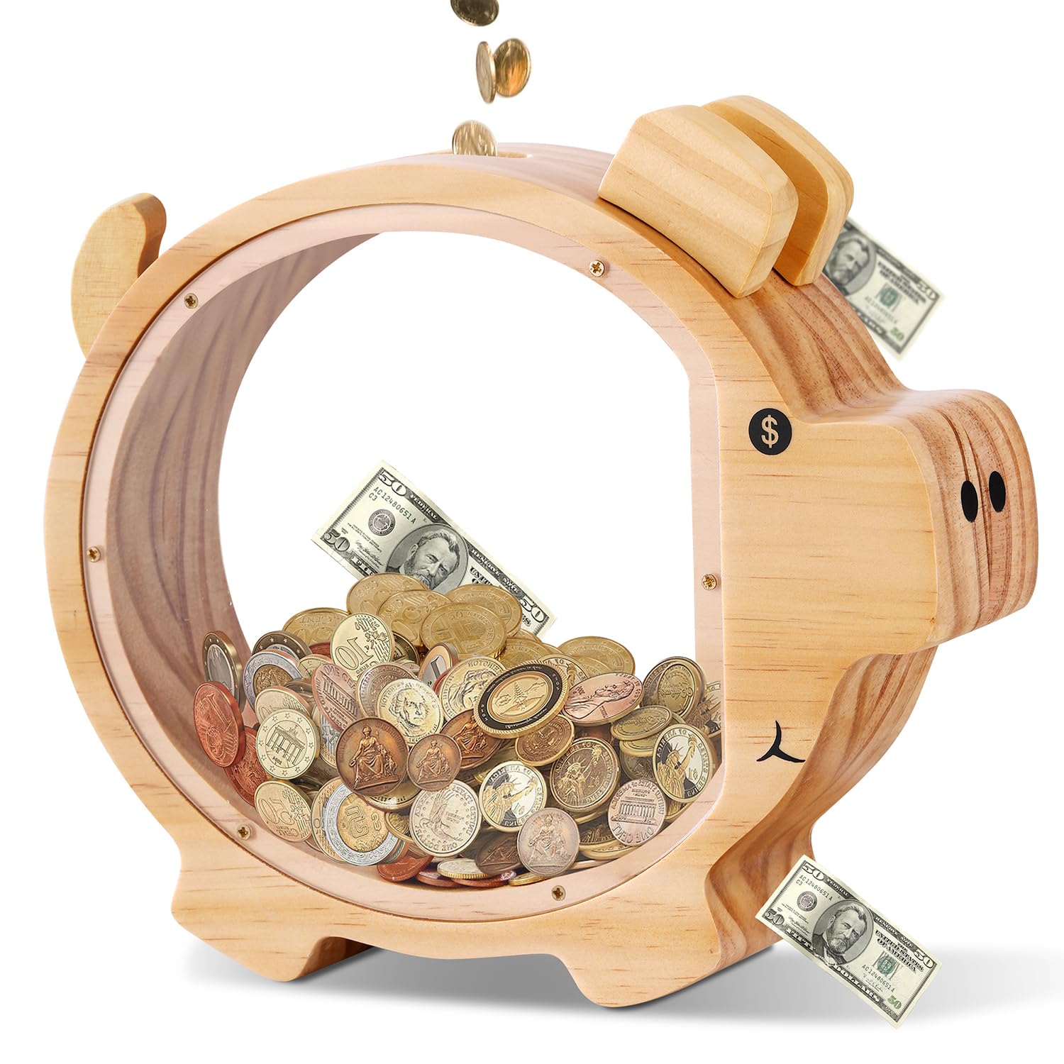 Amazon.com: Wooden Piggy Bank for Kids, Clear Money Box for Boys Girls ...