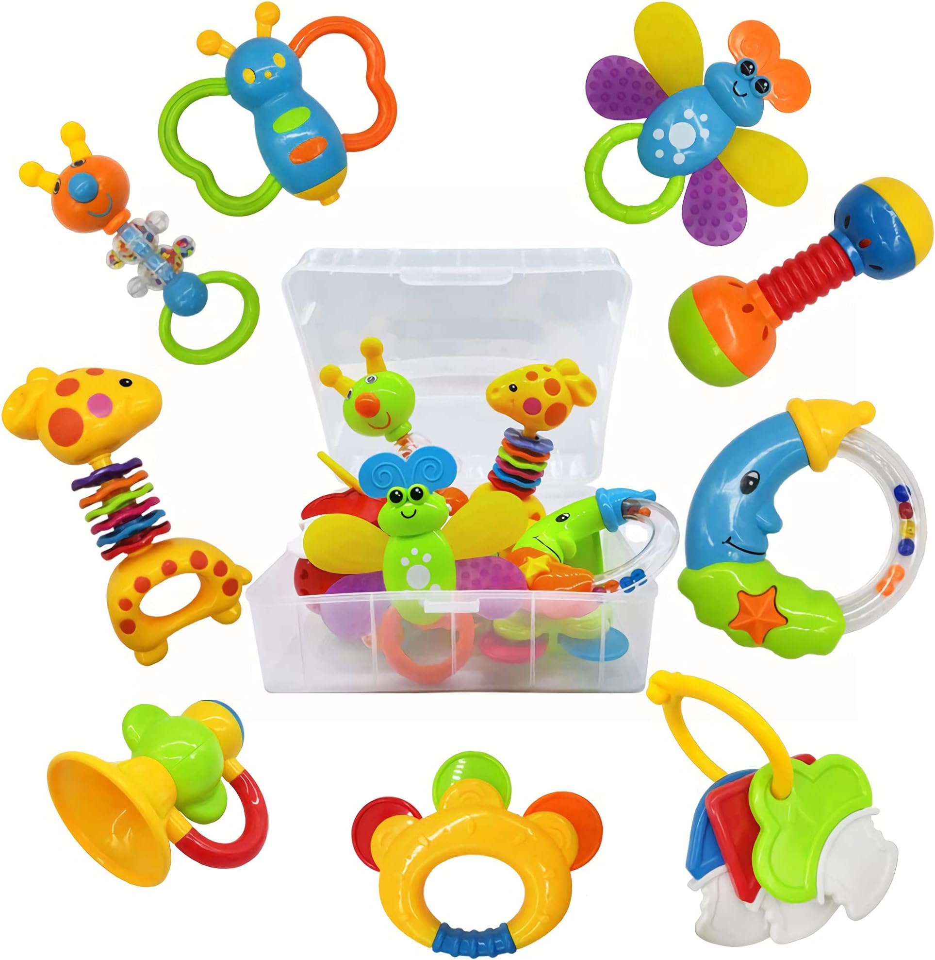 Amazon.com : 9pcs Baby First Rattle Teether Toy Gift Set with Storage ...