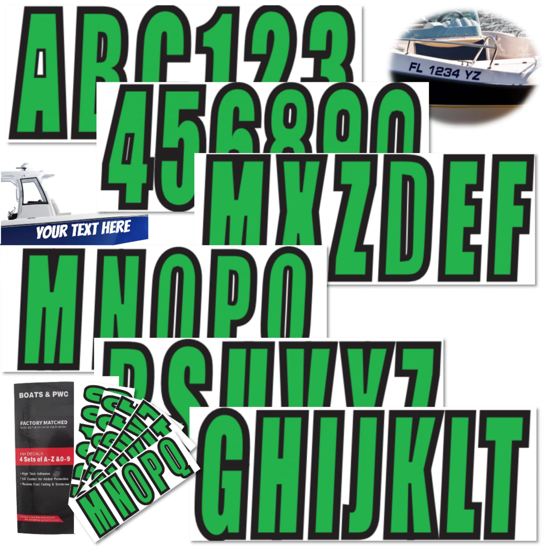 Snapklik.com : 4 Sets 3" Boat Letters Numbers Stickers Decals Green ...
