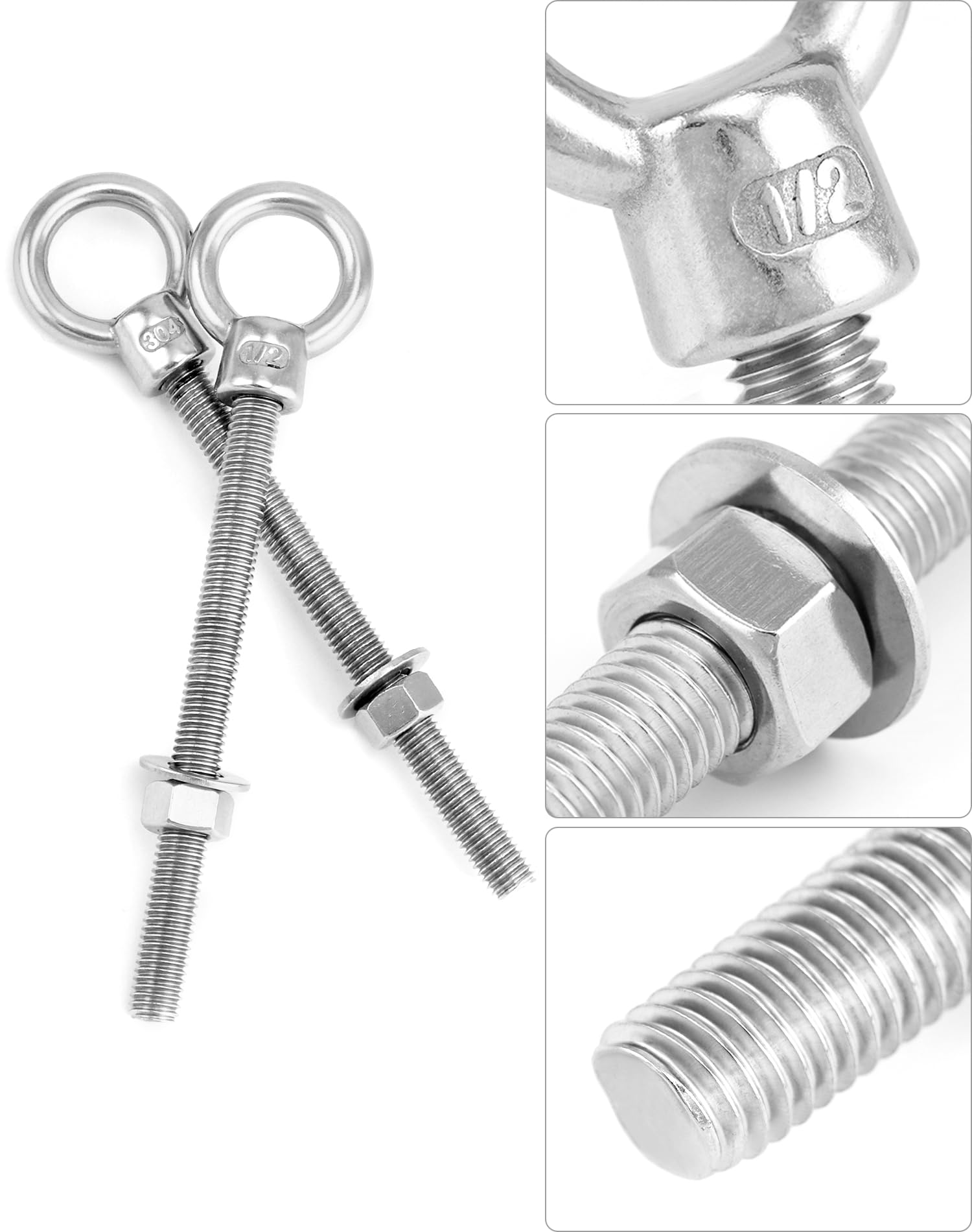 Snapklik.com : Threaded Eyebolts, 10 Pack 1/2x6 Long Stainless Steel ...