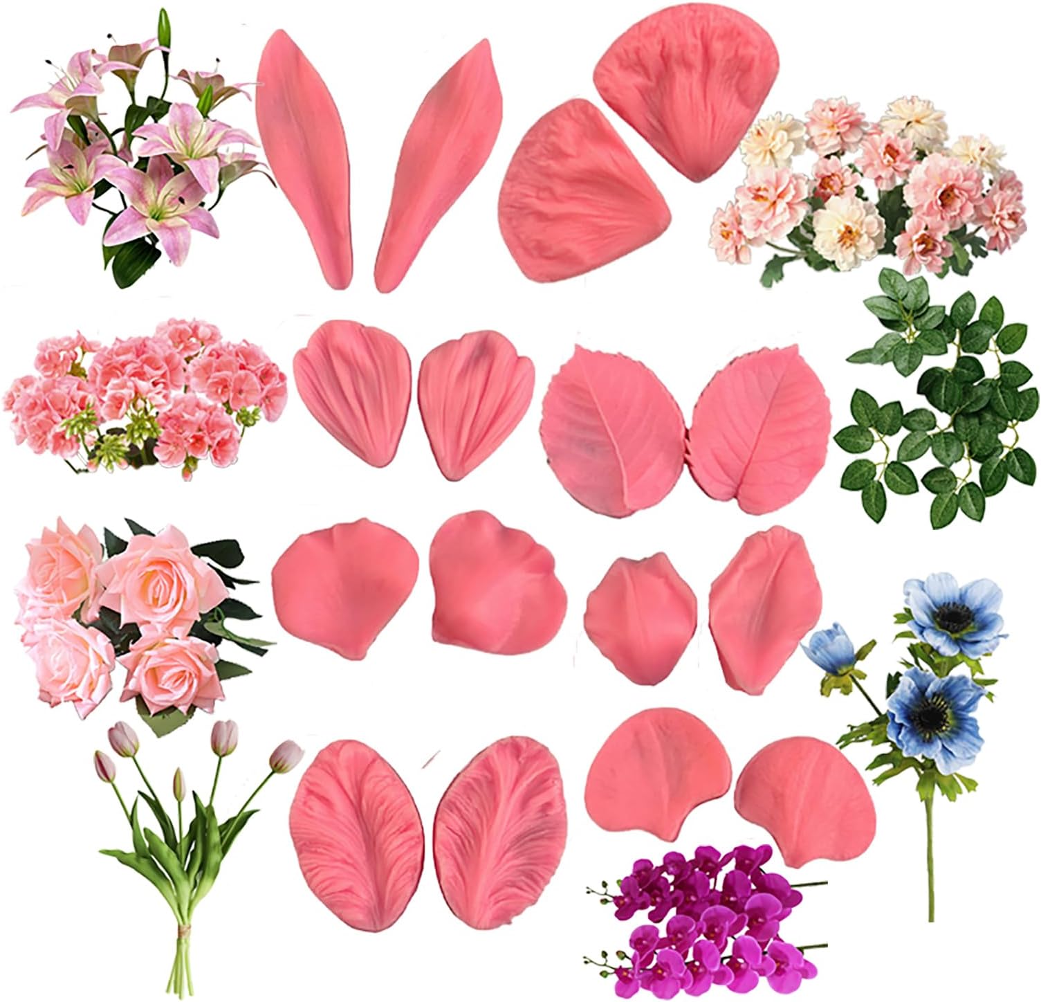 Amazon.com: 6set Gumpaste Flower Silicone Veining Mold - Fondant Rose ...