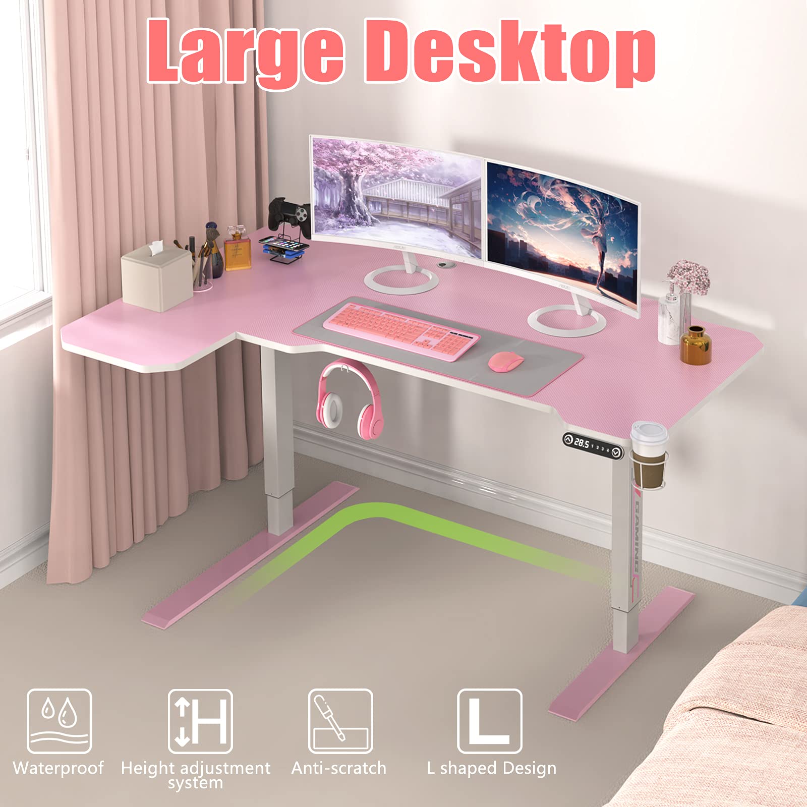 Charavector Pink Ergonomic Gaming Electric Standing Desk 63 Electric ...