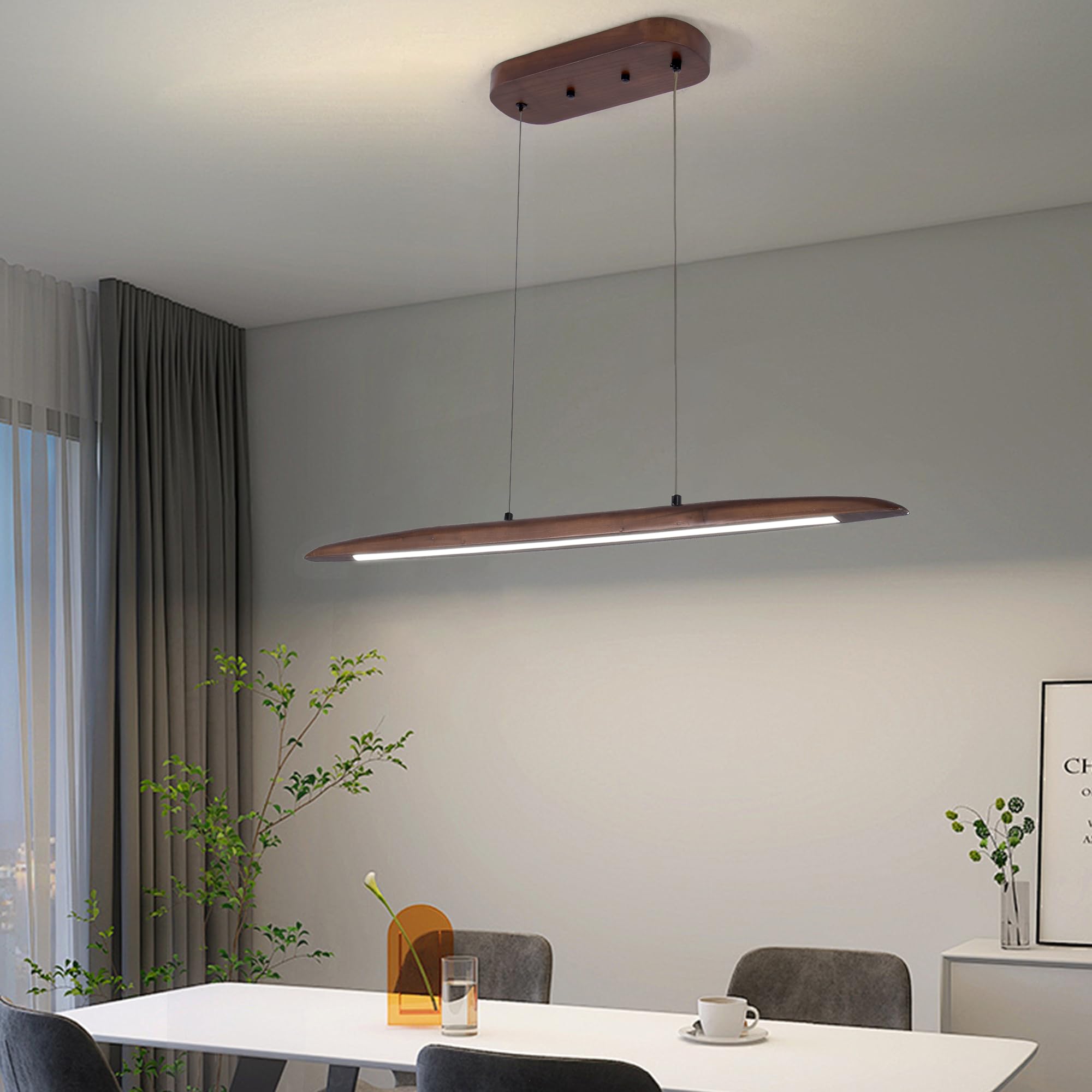 40In Wood Linear Pendant Light - Hanging Light Fixture, Chandelier with ...