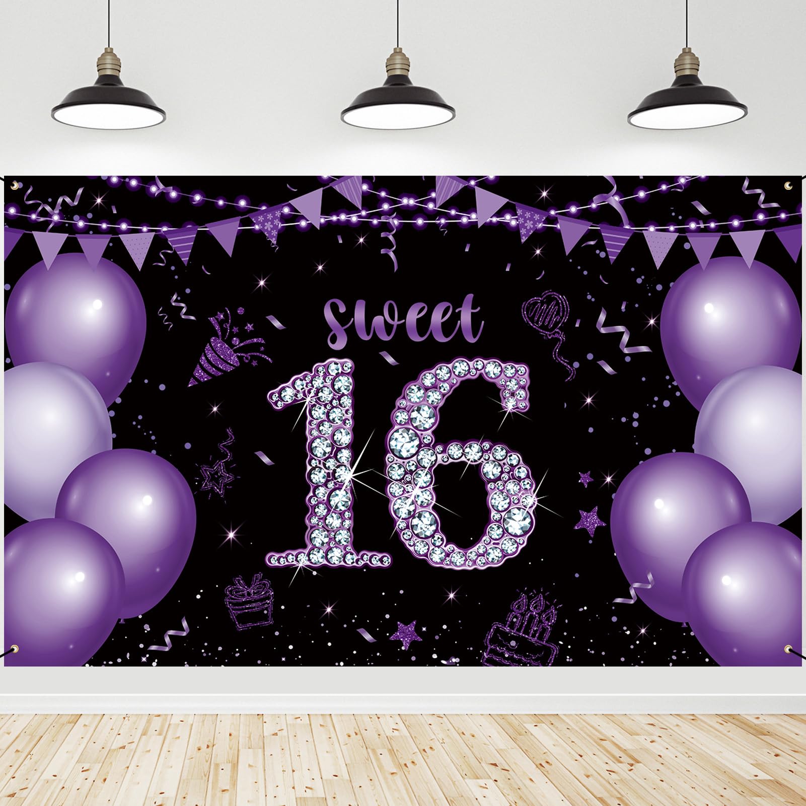 Snapklik.com : Sweet 16 Party Decorations, Black Purple Sweet 16 Banner ...