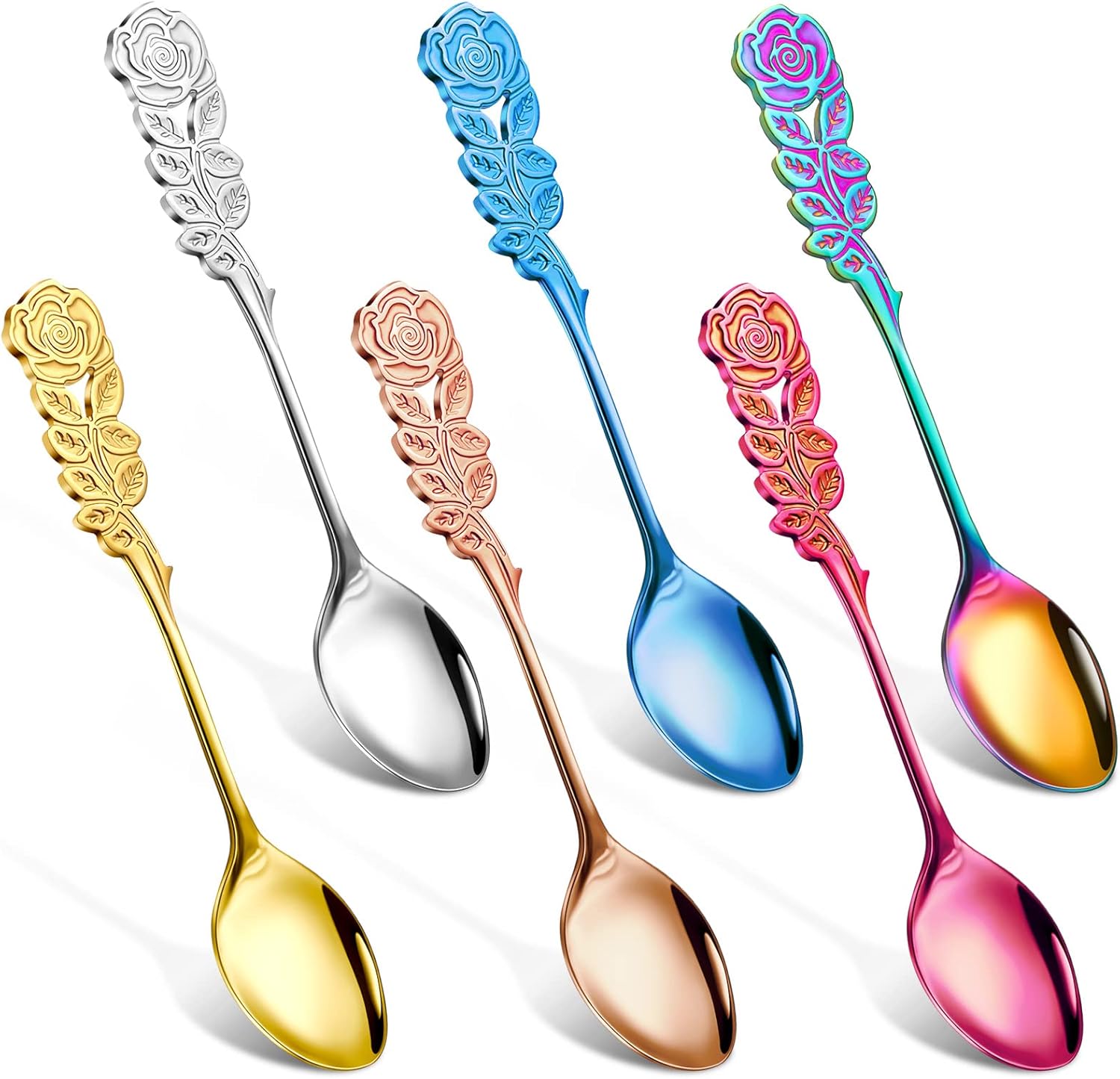 Perthlin 6 Pcs 5.3 Inch Rose Fancy Long Handle Spoons Stainless Steel ...